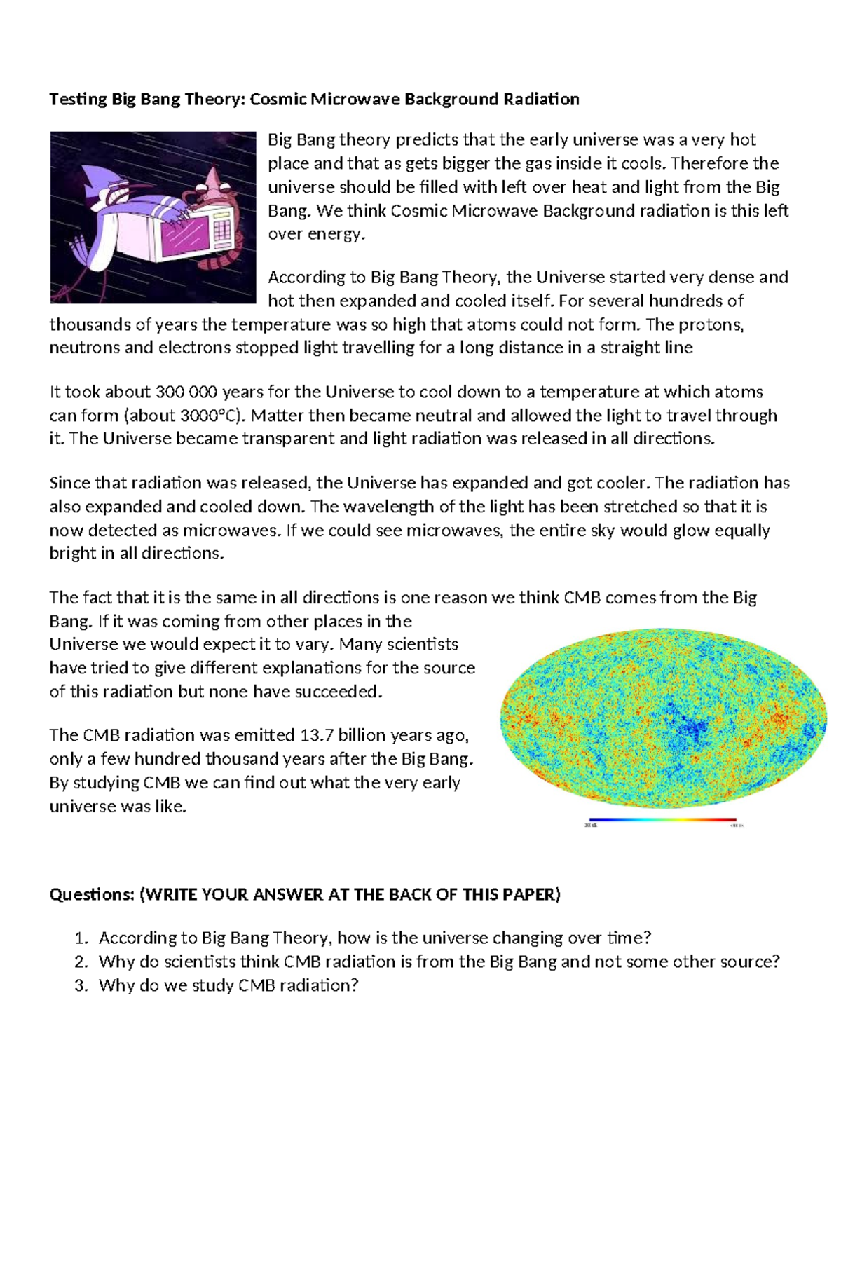 Physics Worksheet: Exploring Cosmic Microwave Background Radiation ...