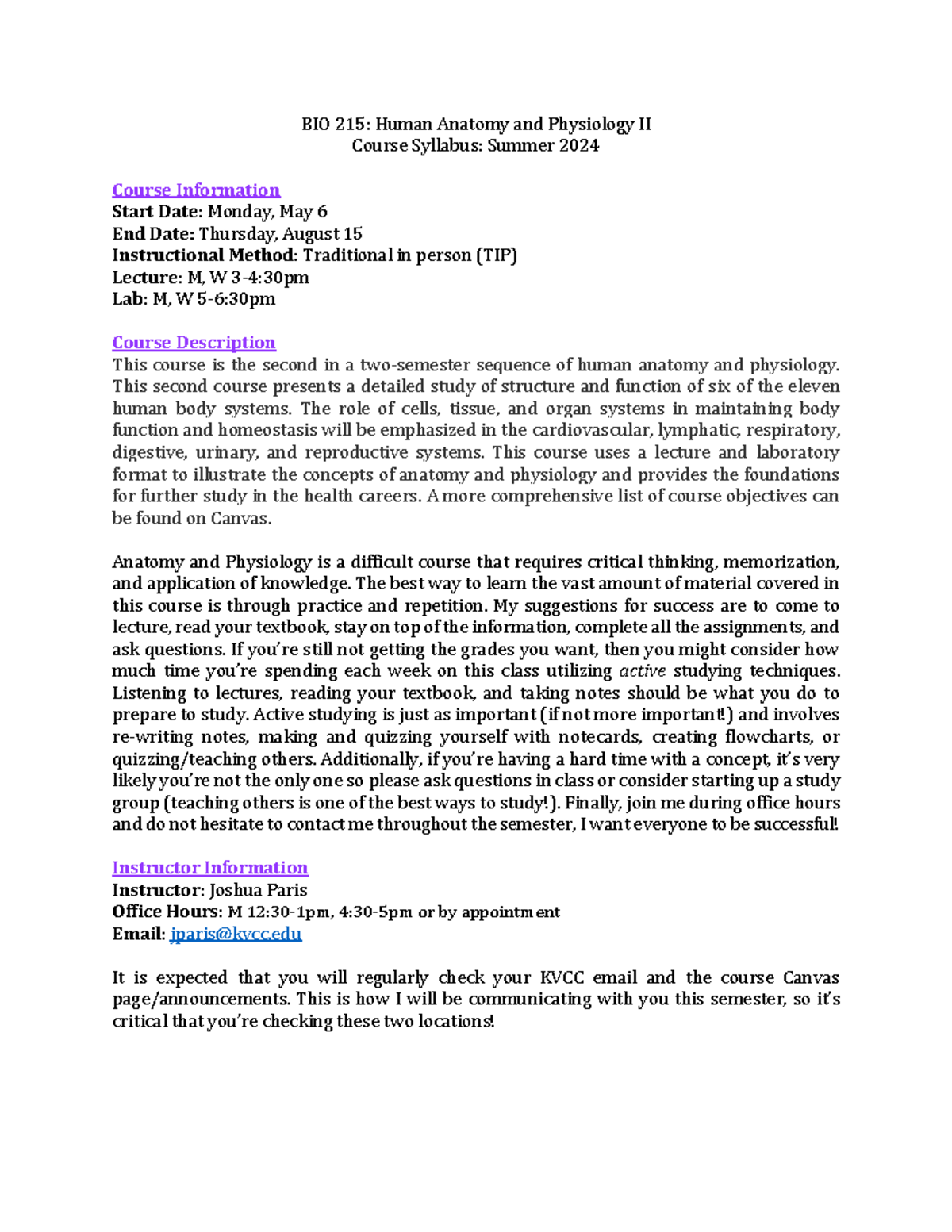 BIO 215 Syllabus: Human Anatomy & Physiology II (S'24) - 30659 - Studocu