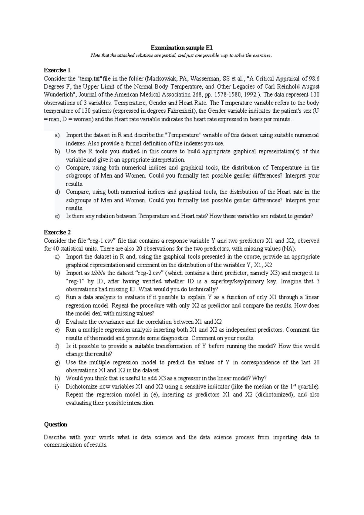 Examination Sample E1: Data Science Analysis and Solutions - Studocu