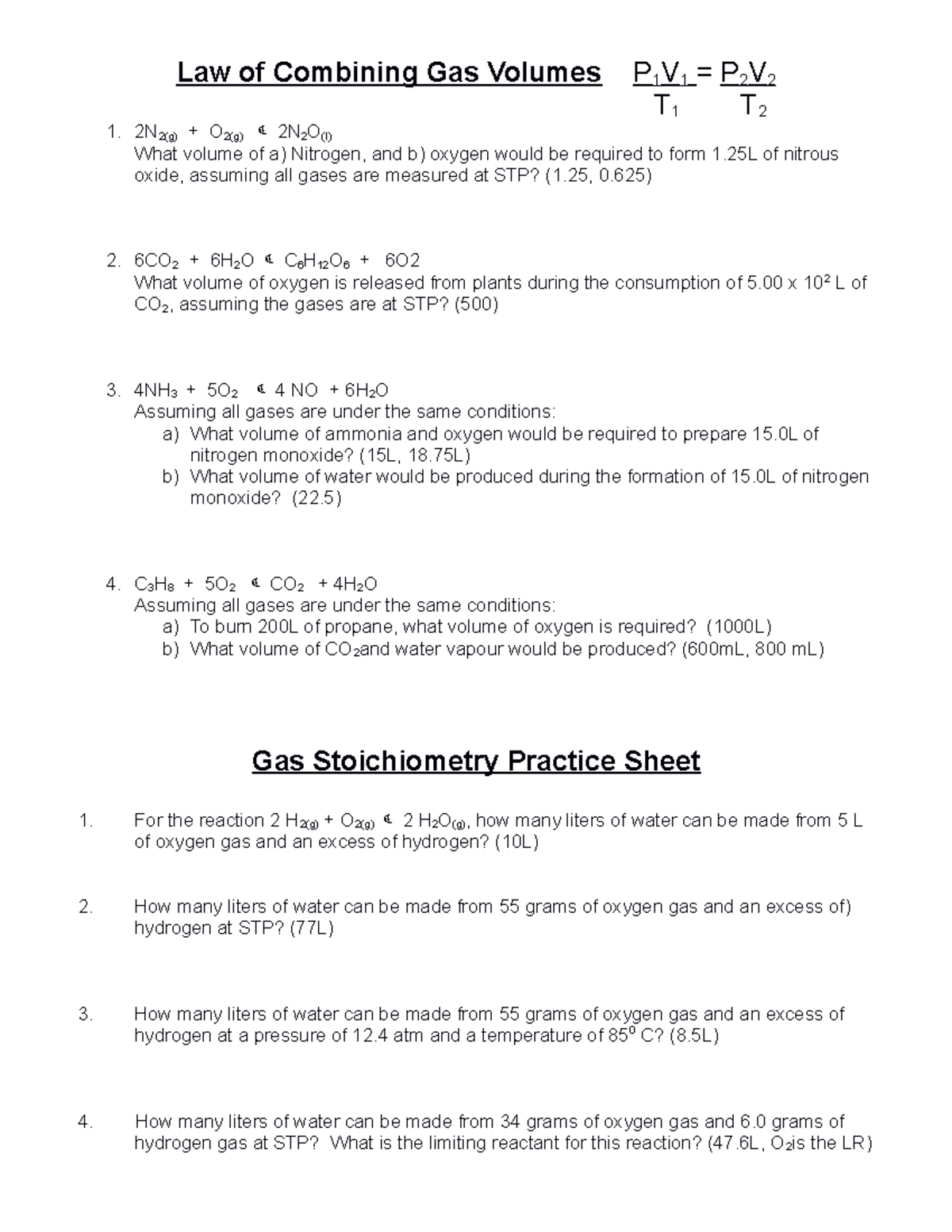 3U Gas Stoichiometry Worksheet with Practice Problems - Studocu