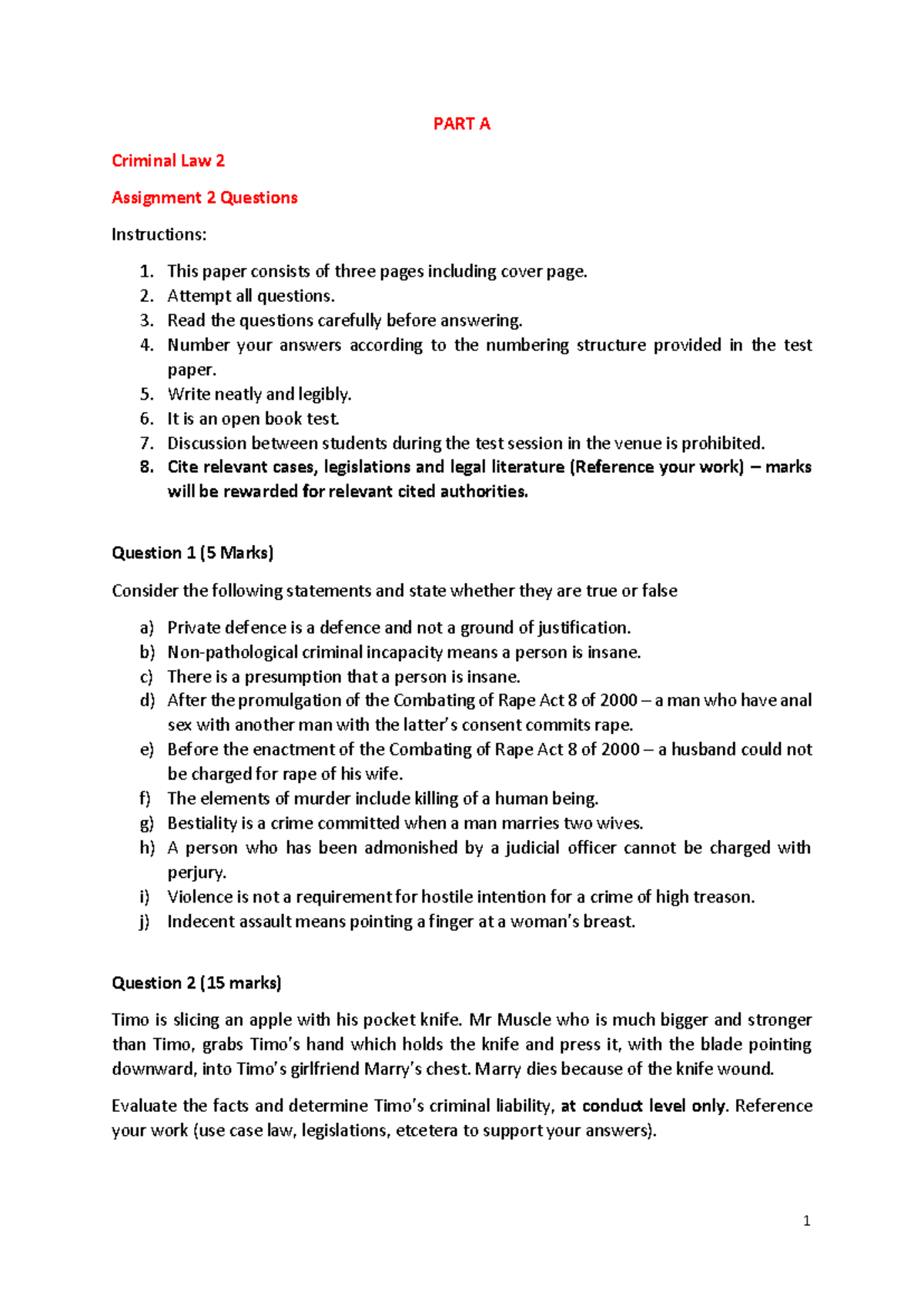 Criminal Law 2: Assignment 2 Questions & Memo Analysis - Studocu