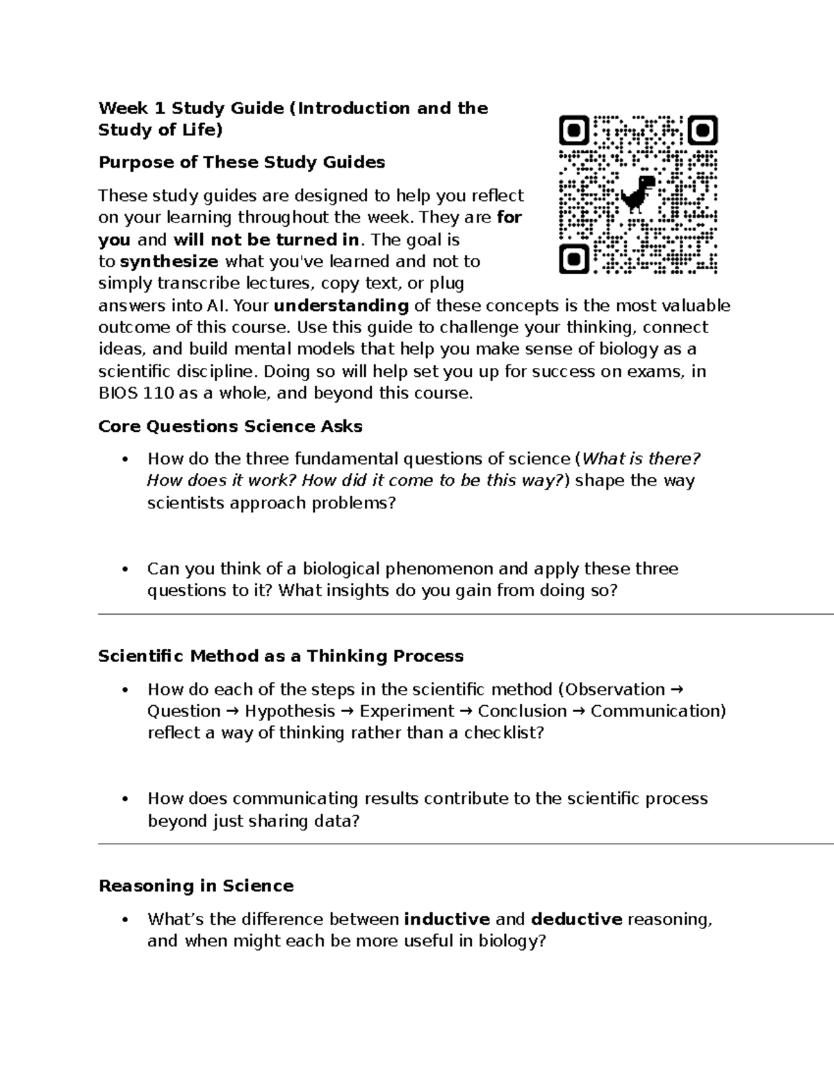 BIOS 110 Week 1 Study Guide: Intro to Biological Concepts - Studocu