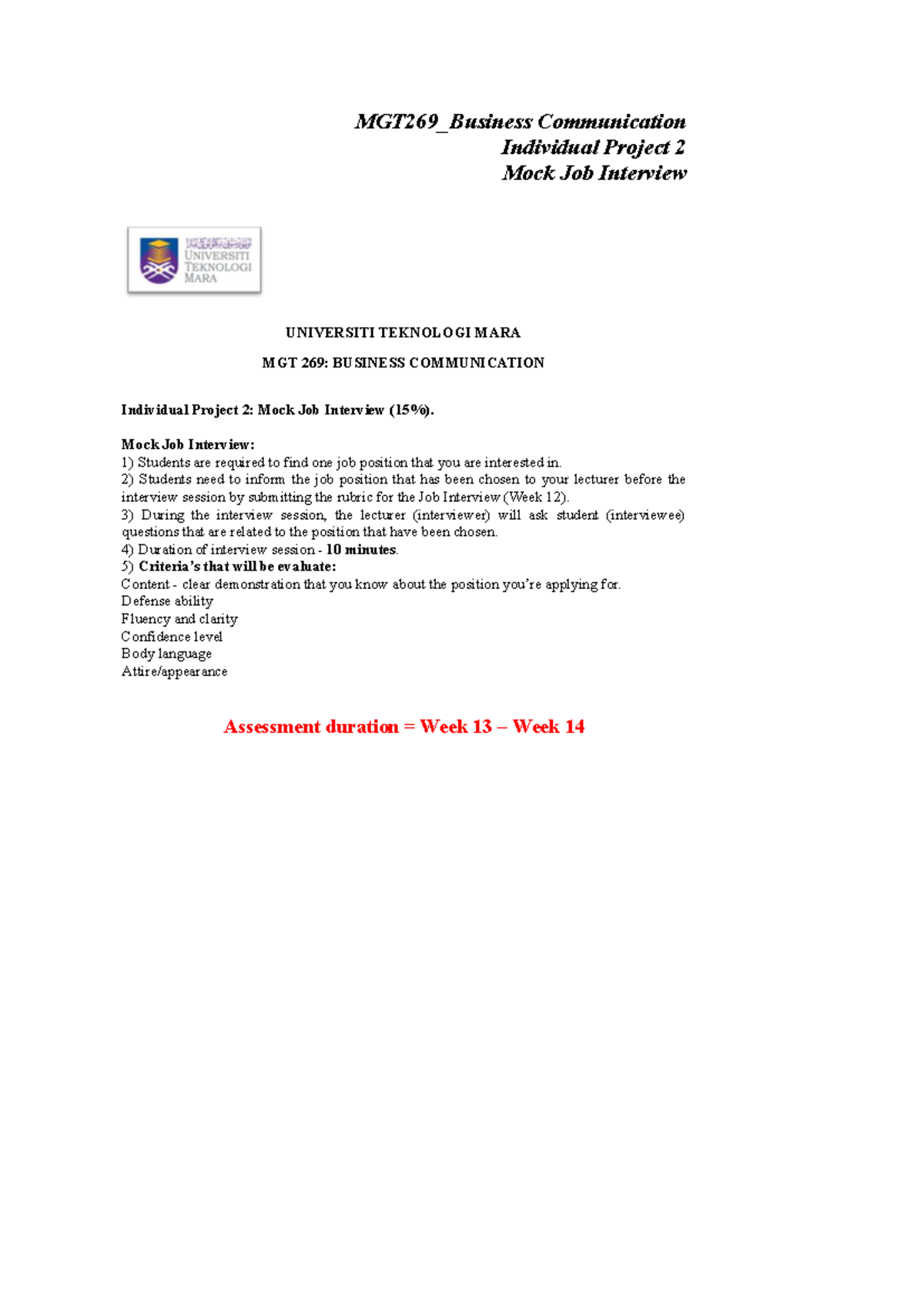 MGT269: Individual Project 2 - Mock Job Interview Guide - Studocu