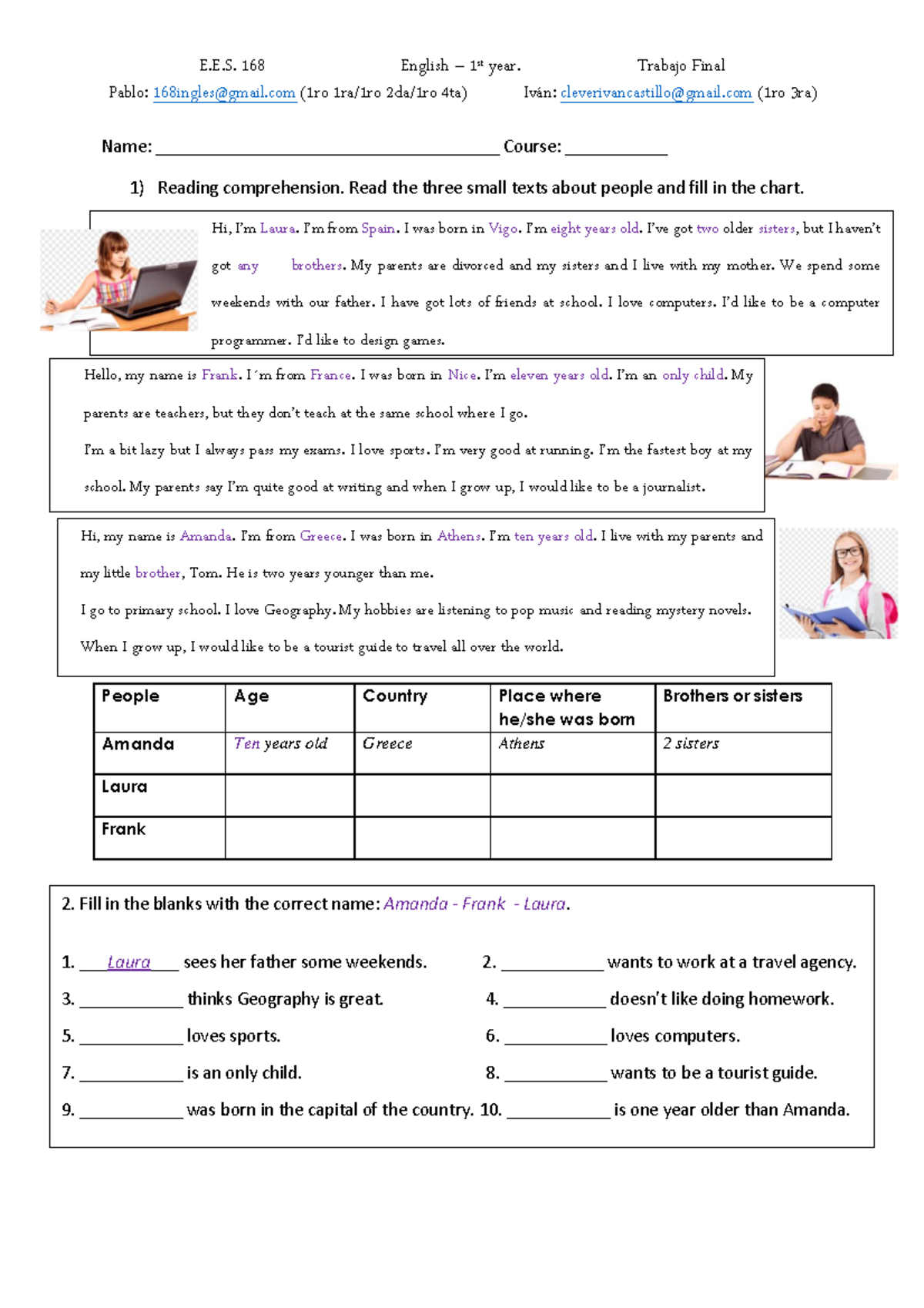 E.E.S. 168 English 1st Year - Final Exam Reading Comprehension - Studocu