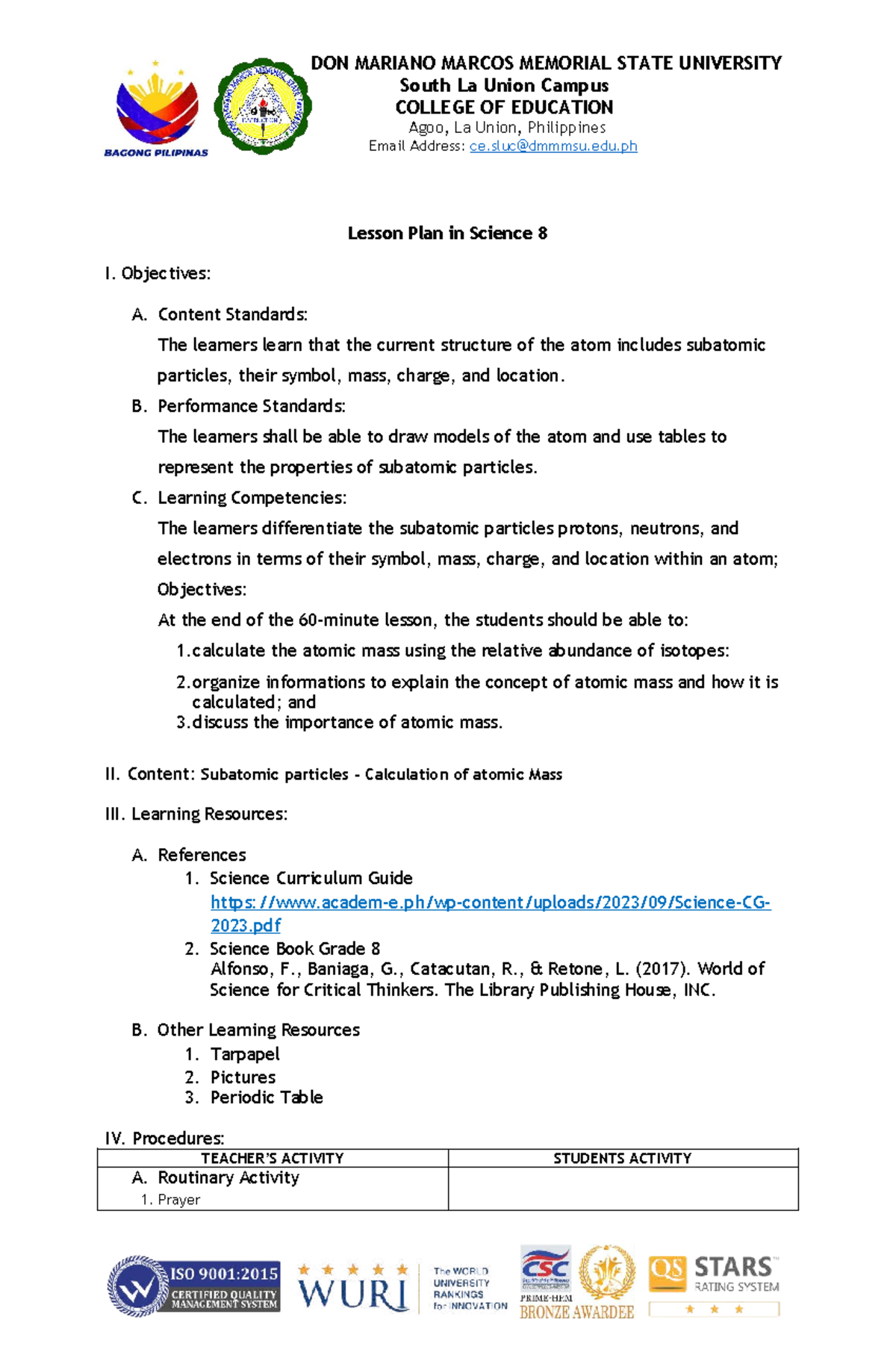 DLP-Calculation of Atomic Mass for Science 8 Lesson Plan - Studocu