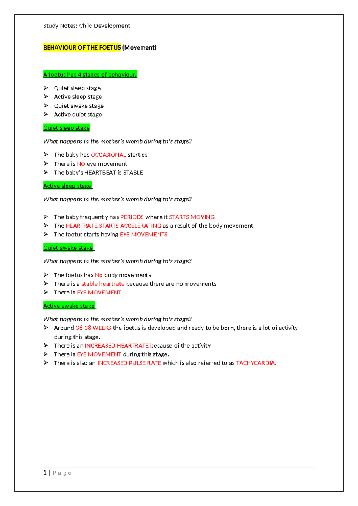 Child Development Study Notes Foetal Behaviour And Senses Lu1 4 Studocu