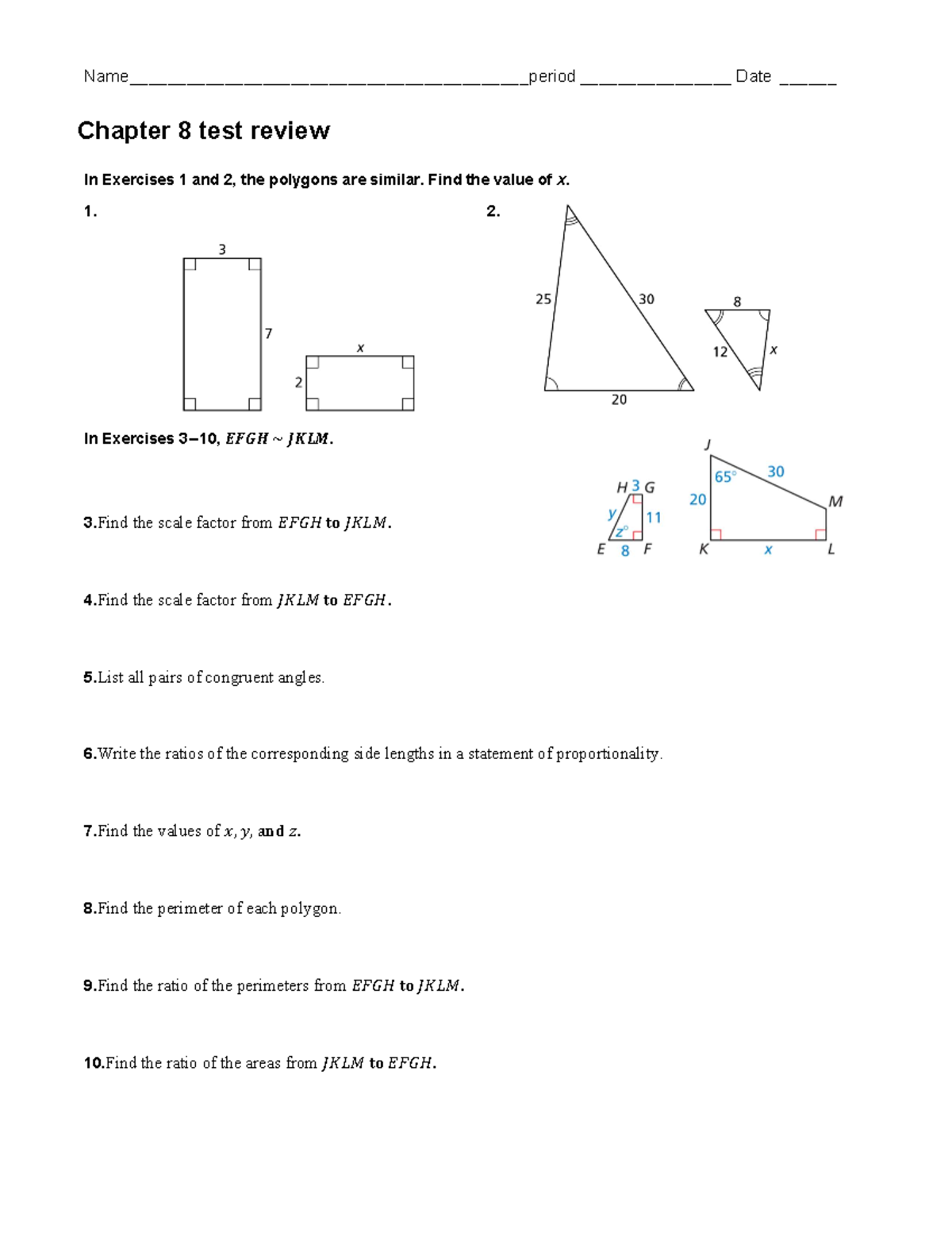 Chapter 8 Similarity Test Review - MATH 2025 - Studocu