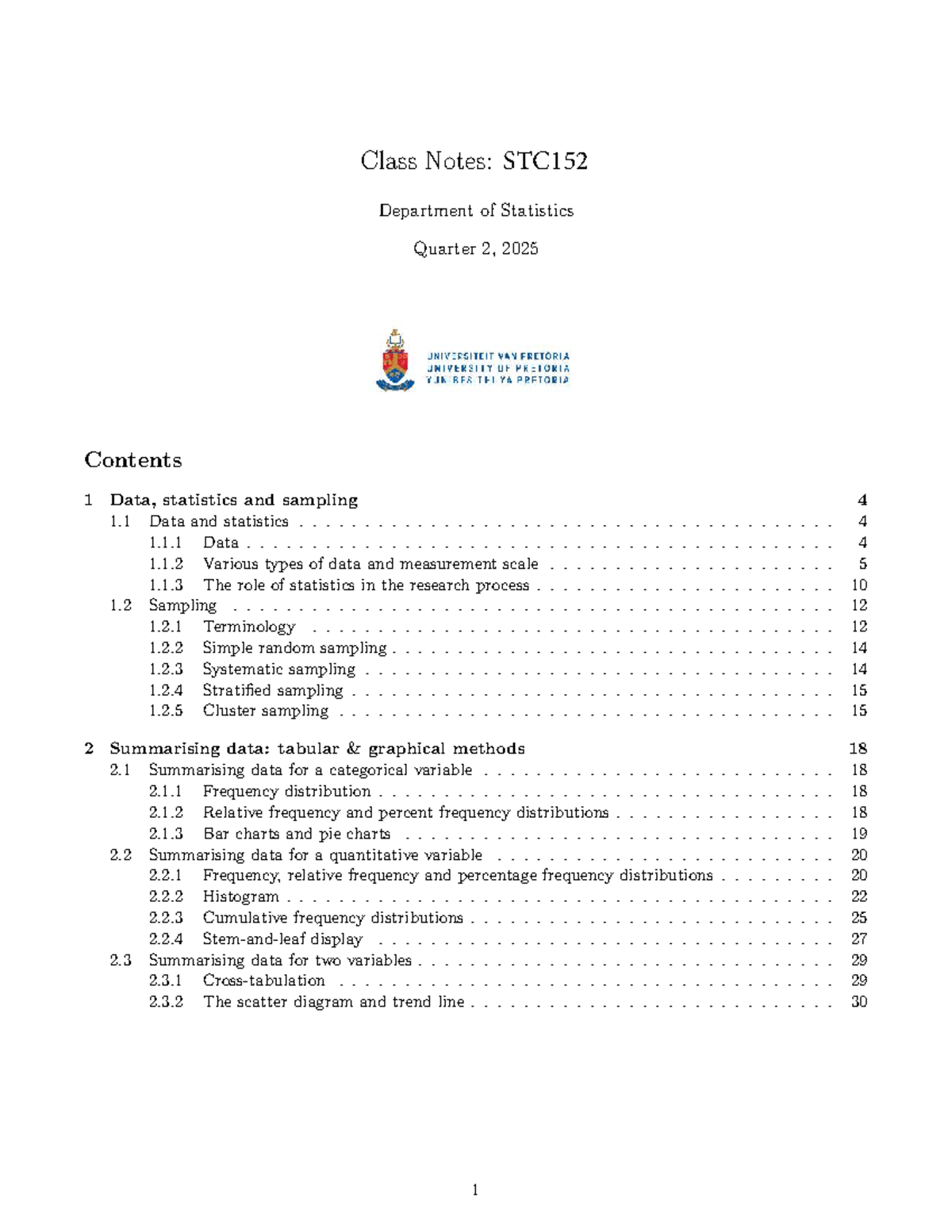 Class Notes for STC152: Data, Statistics, and Sampling Techniques - Studocu