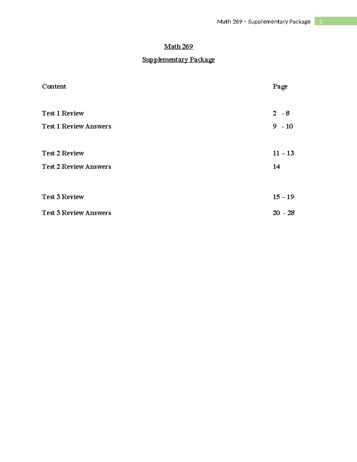 Math 269 Supplementary Package - Test Reviews and Answers - Studocu