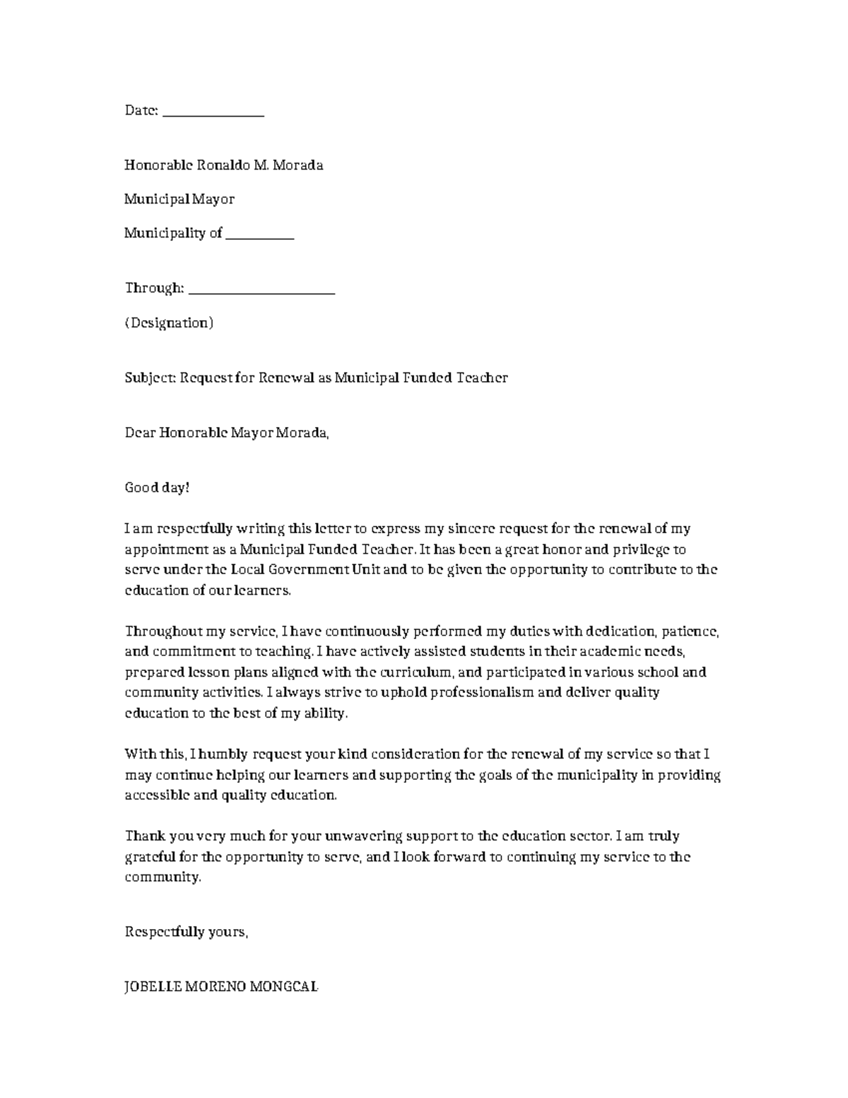 Renewal Request for Municipal Funded Teacher Position - Studocu