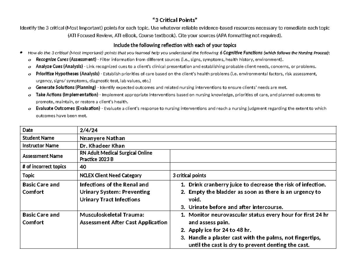 RN Adult Med Surg Online Practice: 3 Critical Points Summary 2023 B ...