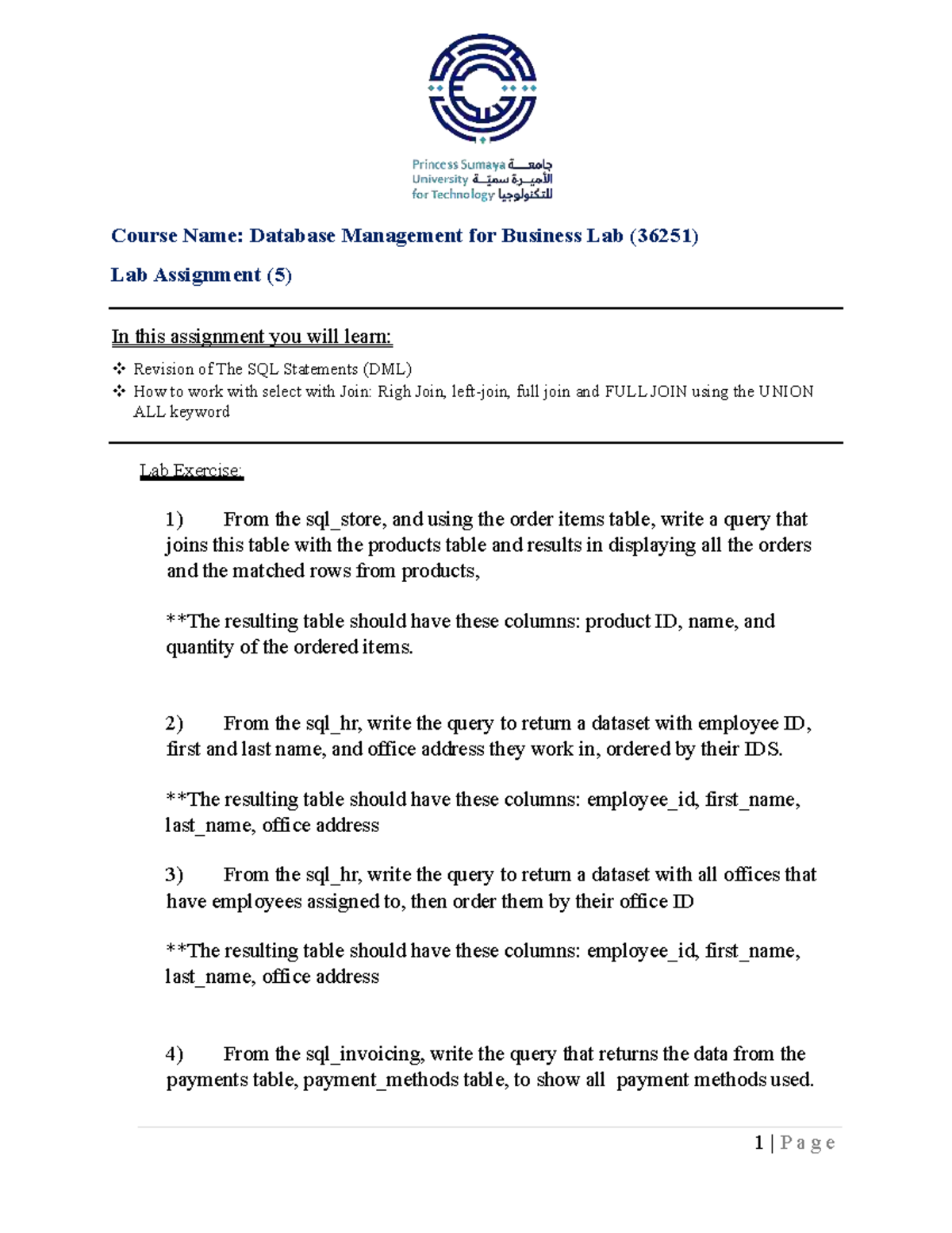 Lab Assignment 5: SQL Joins and Queries in DBM for Business (36251) - Studocu
