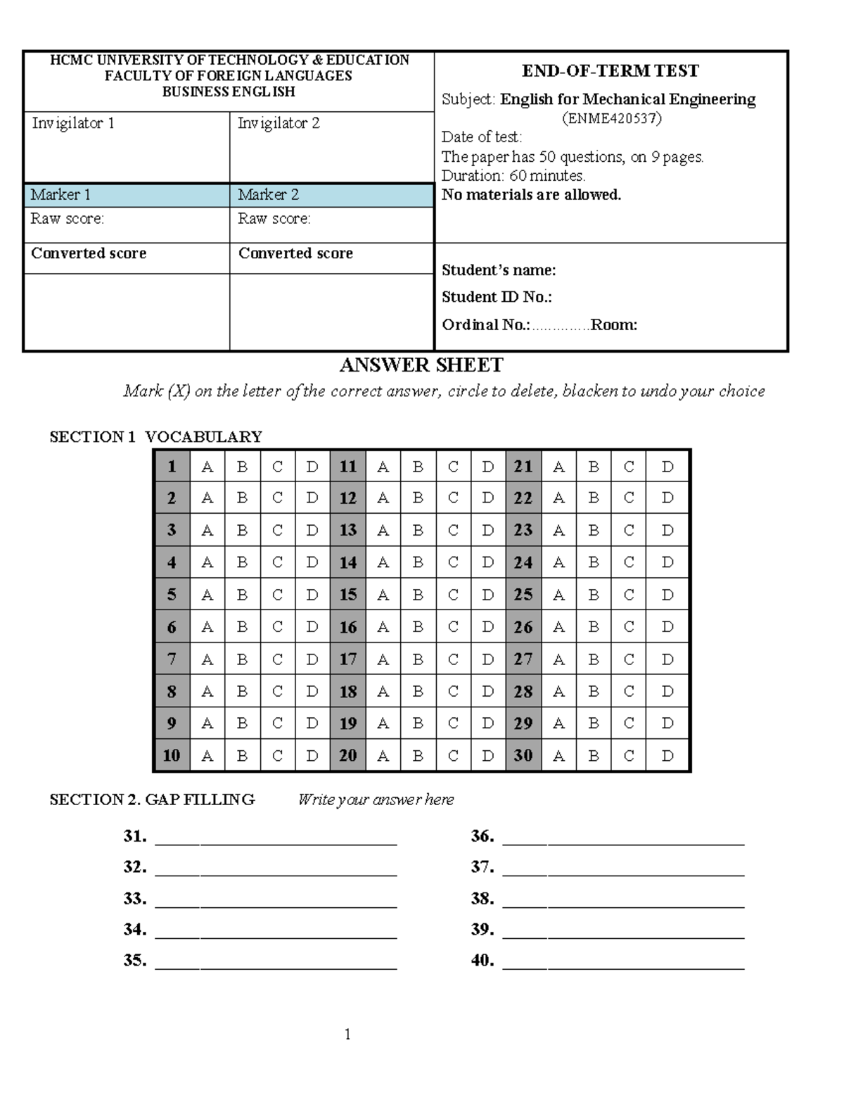 Final Test: English for Mechanical Engineering (ENME420537) - Studocu