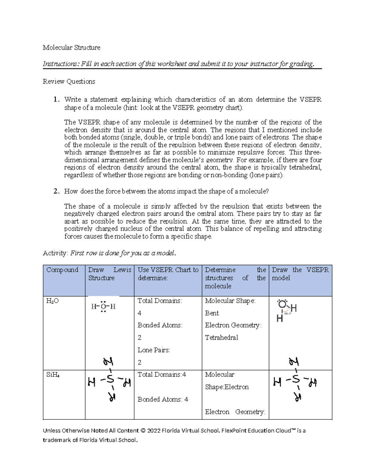 Molecular Structure Worksheet 1: VSEPR Geometry Insights - Studocu