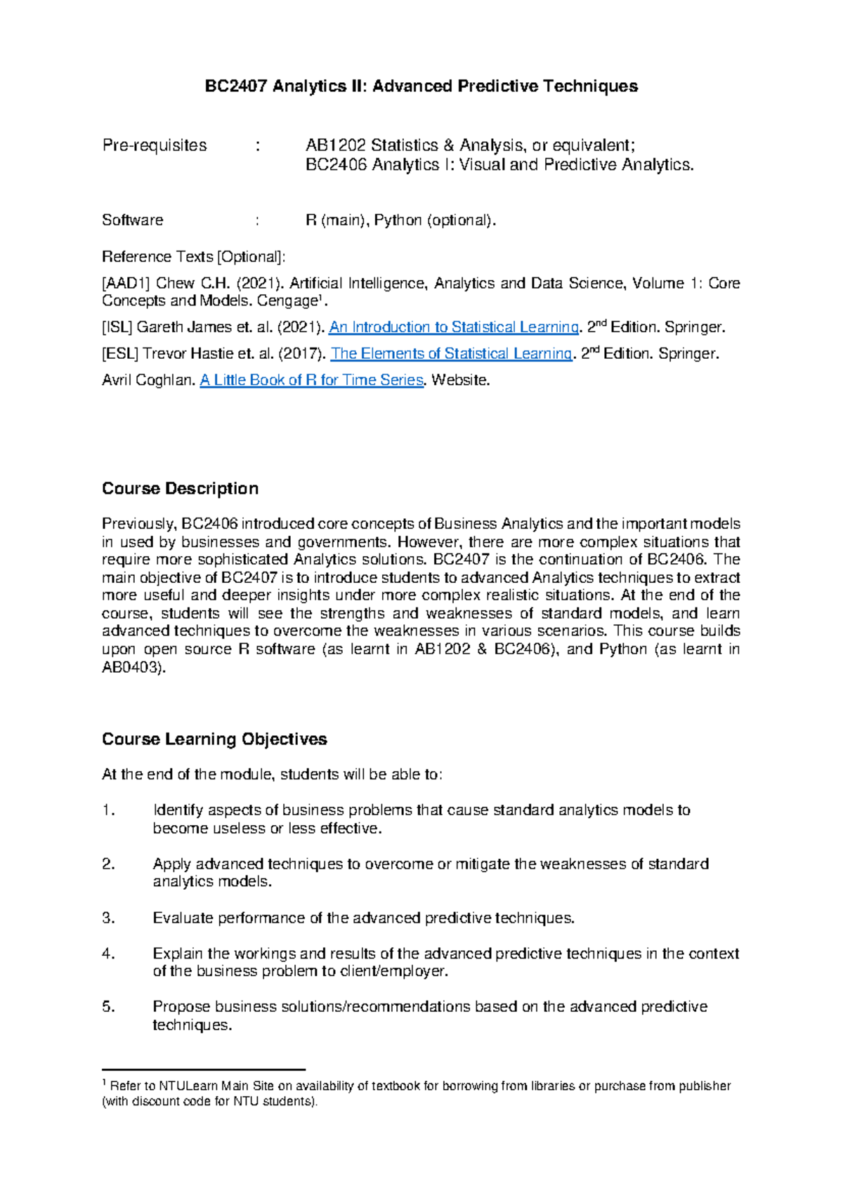 BC2407 Course Outline: Advanced Predictive Techniques in Analytics II ...