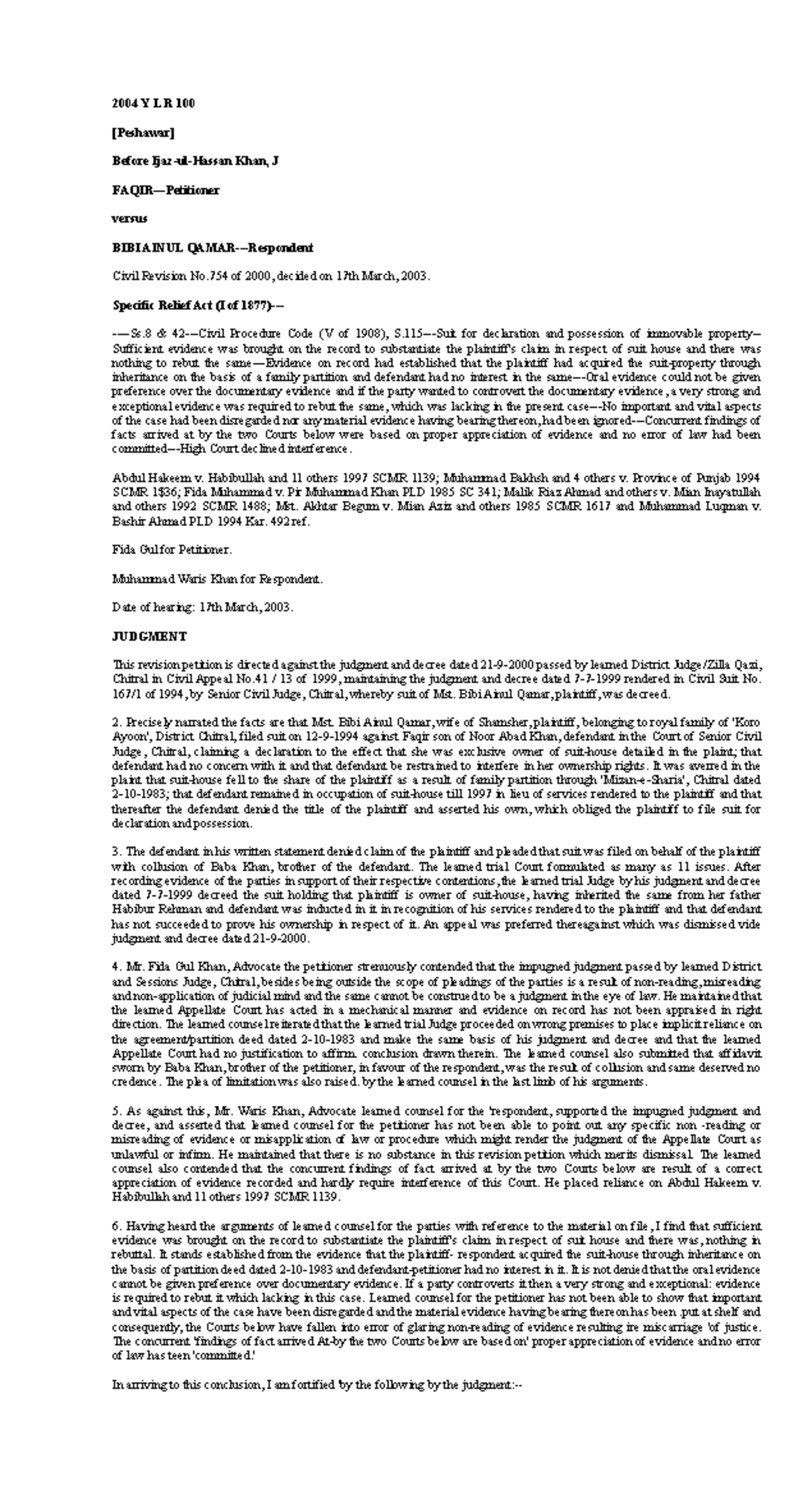 Civil Revision No. 754 of 2003: Bibi Ainul v. Faqir - Judgment Analysis ...