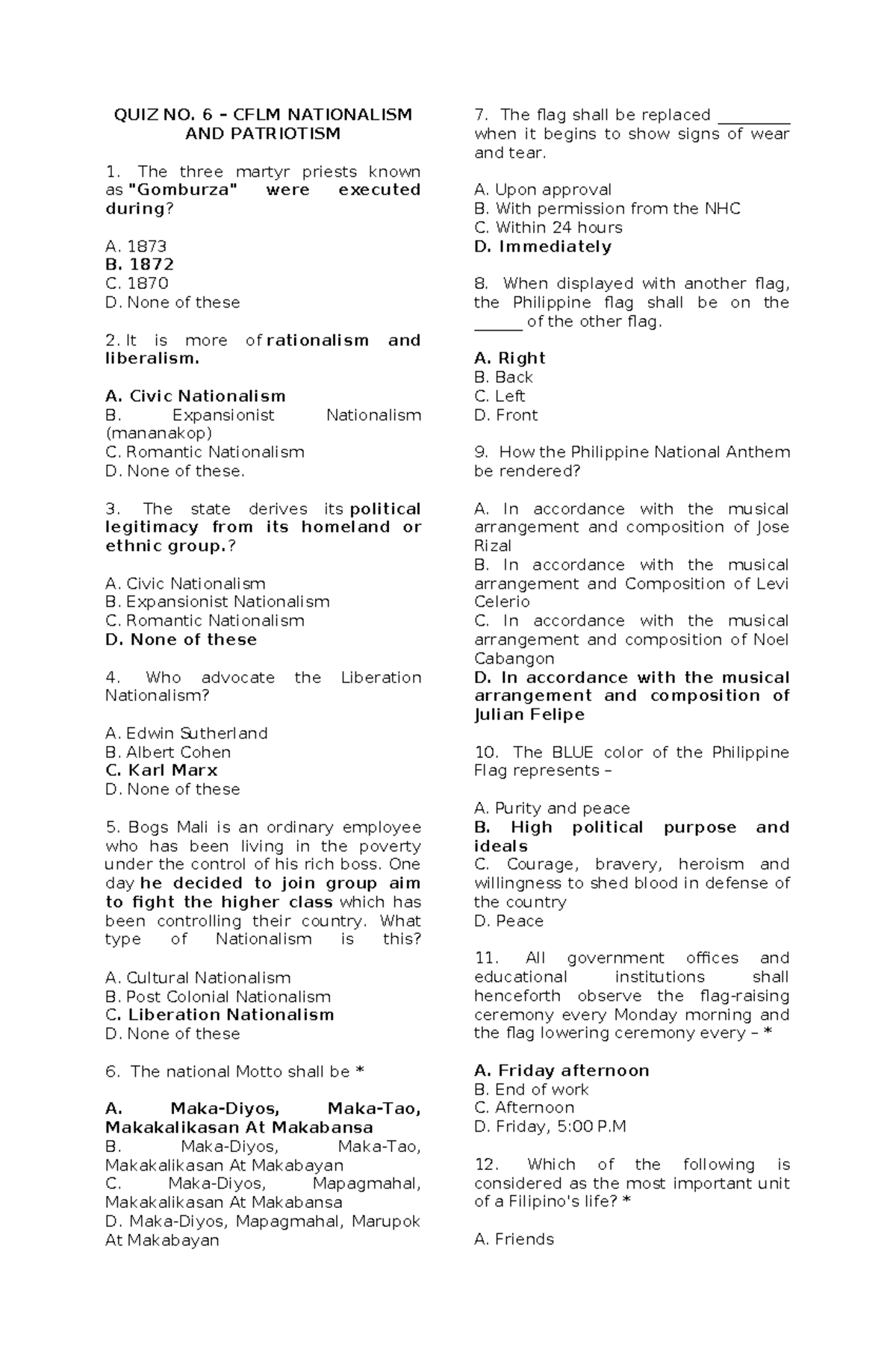 QUIZ 6 - NATIONALISM AND PATRIOTISM QUESTIONS - CLJ - Studocu