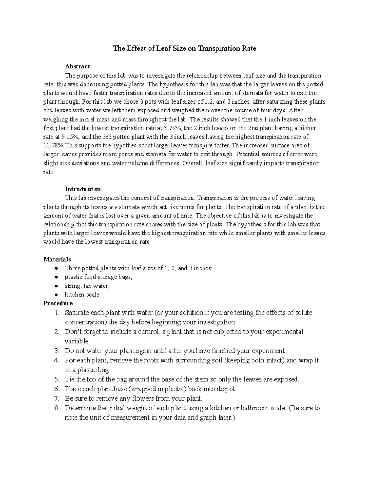 02.07 Transpiration Lab Report: Impact of Leaf Size on Rate - Studocu