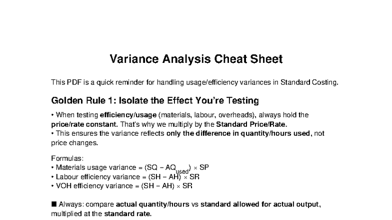 Variance Analysis Cheat Sheet: Quick Guide to Standard Costing - Studocu