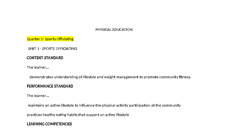 PHYSICAL EDUCATION PE101 Unit I-III Sports Officiating & Recreation ...