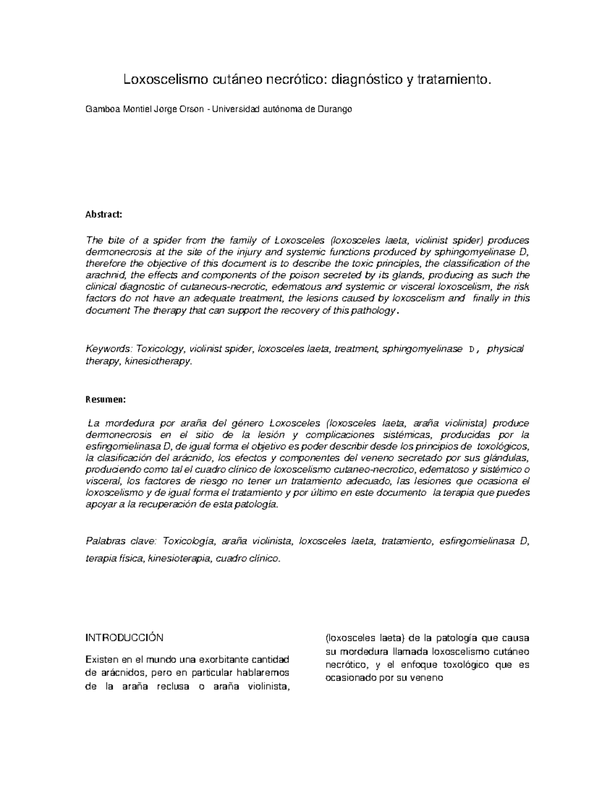 Loxoscelismo cutáneo necrótico diagnostico y tratamiento - Gamboa ...