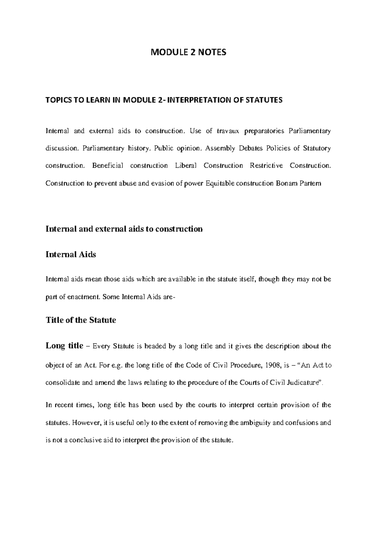 Module 2 Notes: Interpretation of Statutes and Construction Aids - Studocu