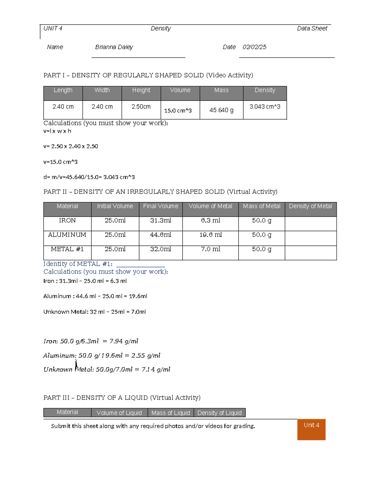 Unit 4 Density Data Sheet: Solid and Liquid Analysis Activities - Studocu