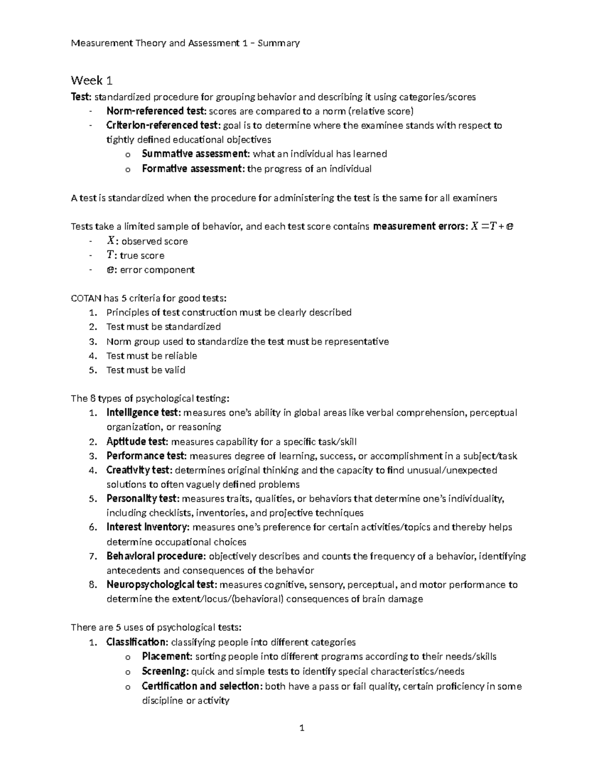 Measurement Theory and Assessment 1: Key Concepts Summary - Studeersnel