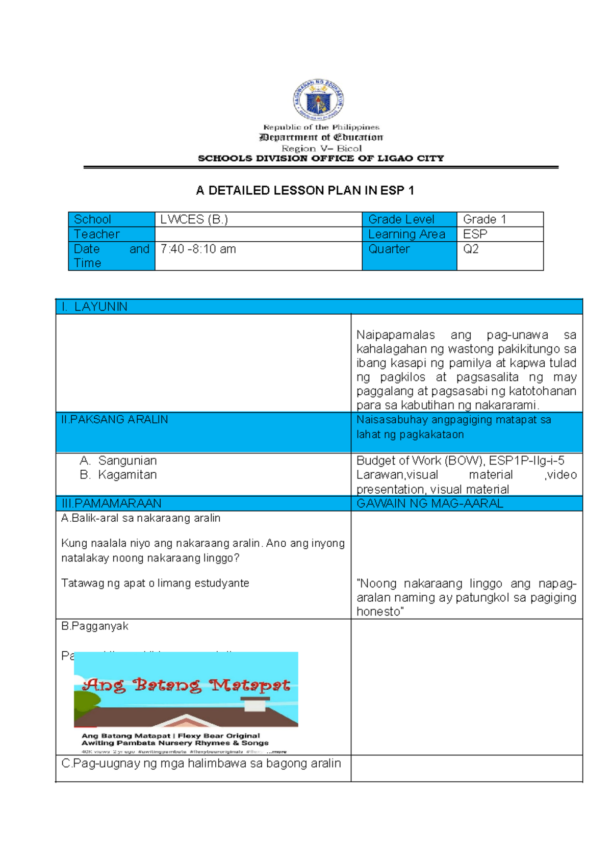Detailed Lesson Plan in ESP for Grade 1 (LWCES) - Studocu