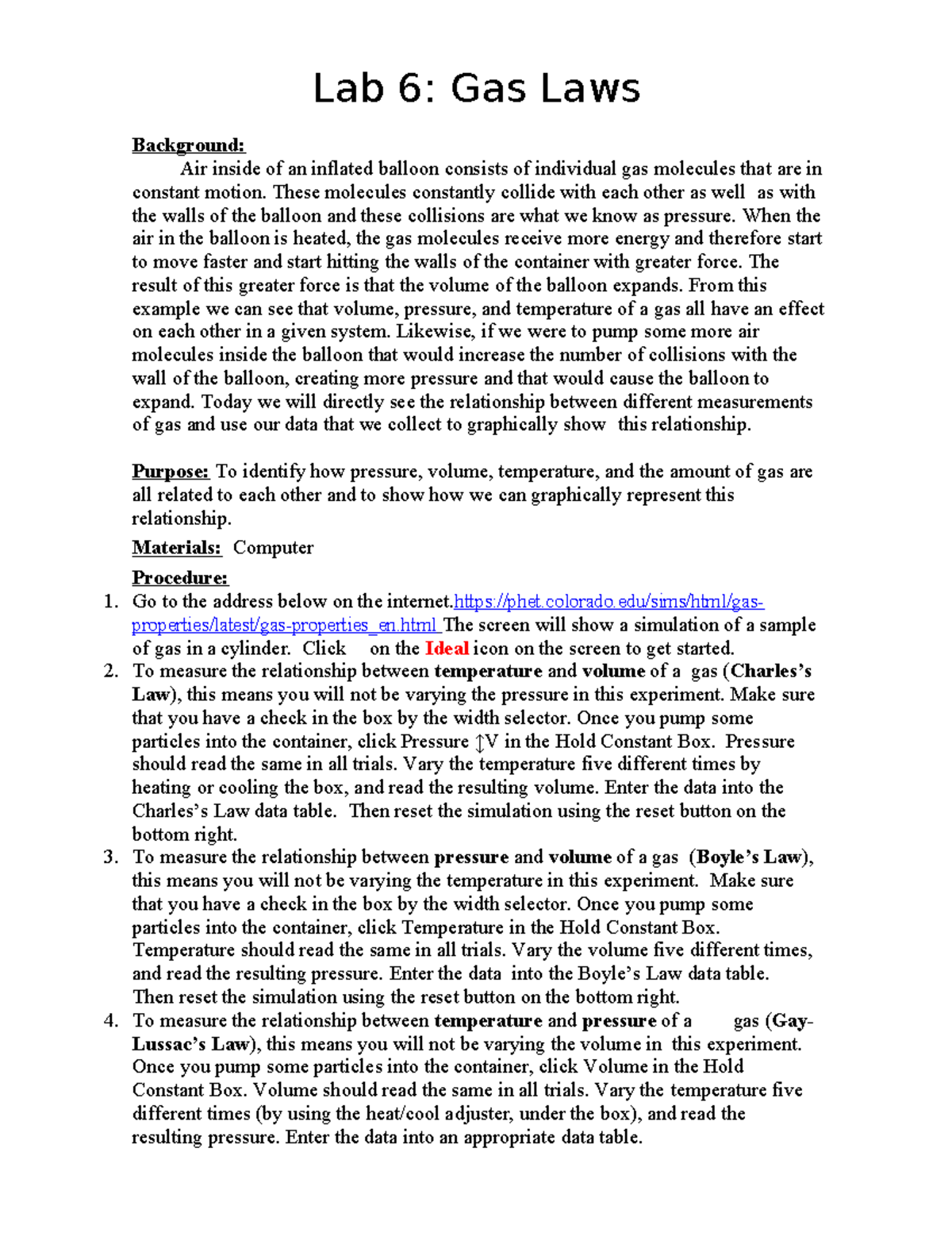 Lab 6: Exploring Gas Laws and Their Relationships with Graphs - Studocu