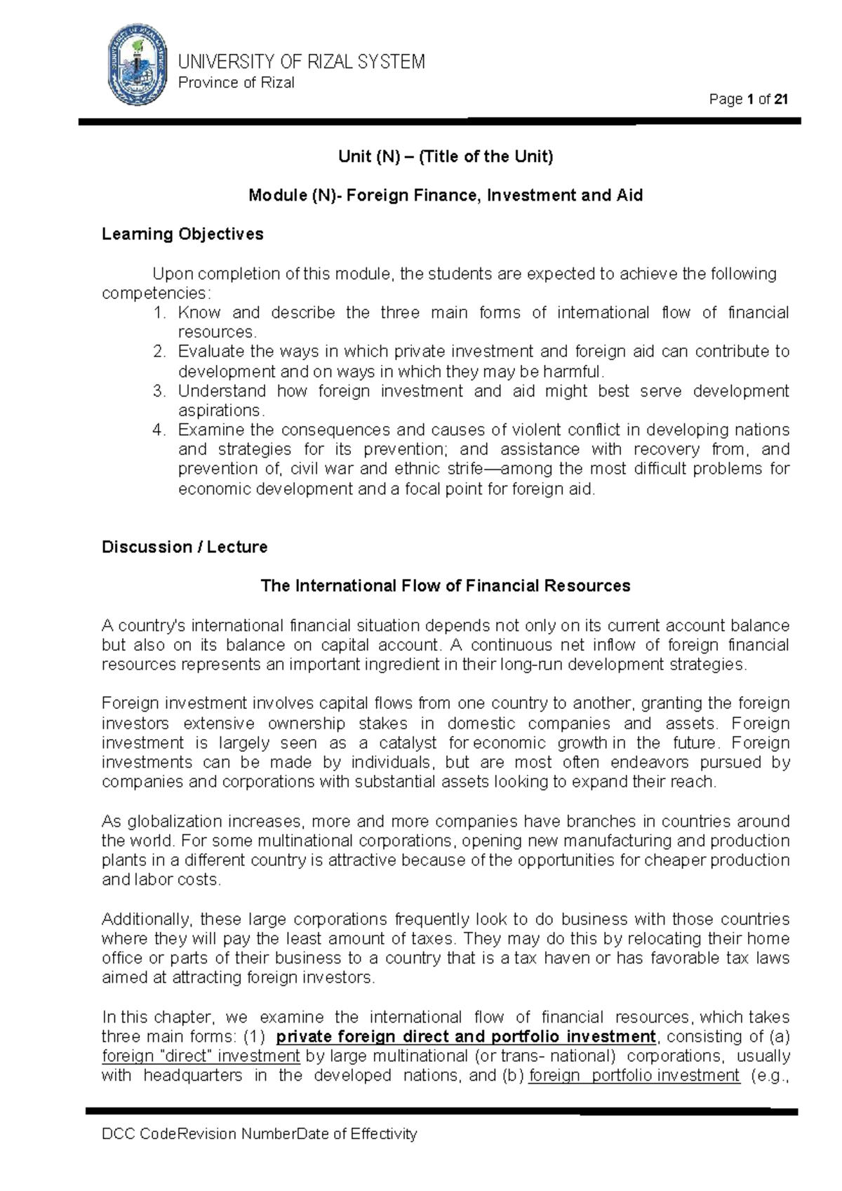 BE 3 ECO DEV - Module 11 - International Finance and Aid Lectures - Studocu
