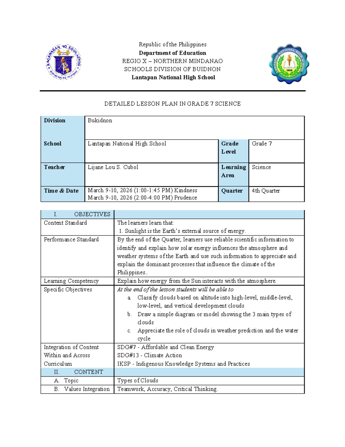 Detailed Lesson Plan: Types of Clouds in Grade 7 Science (SCI 7) - Studocu