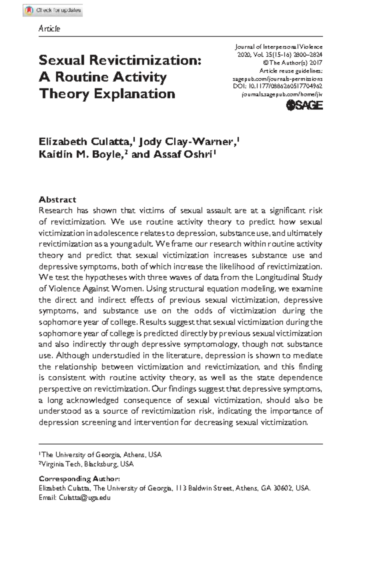 704962 Sexual Revictimization in College: A Routine Activity Theory ...