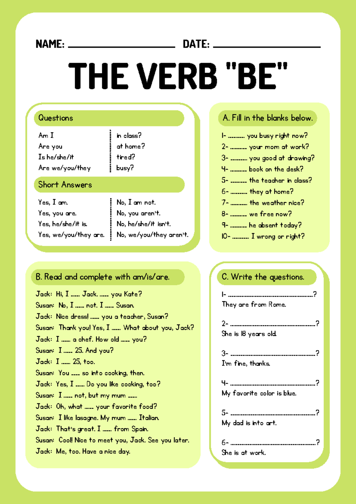 VERB to be - Questions and Short Answers (ESL) - Studocu