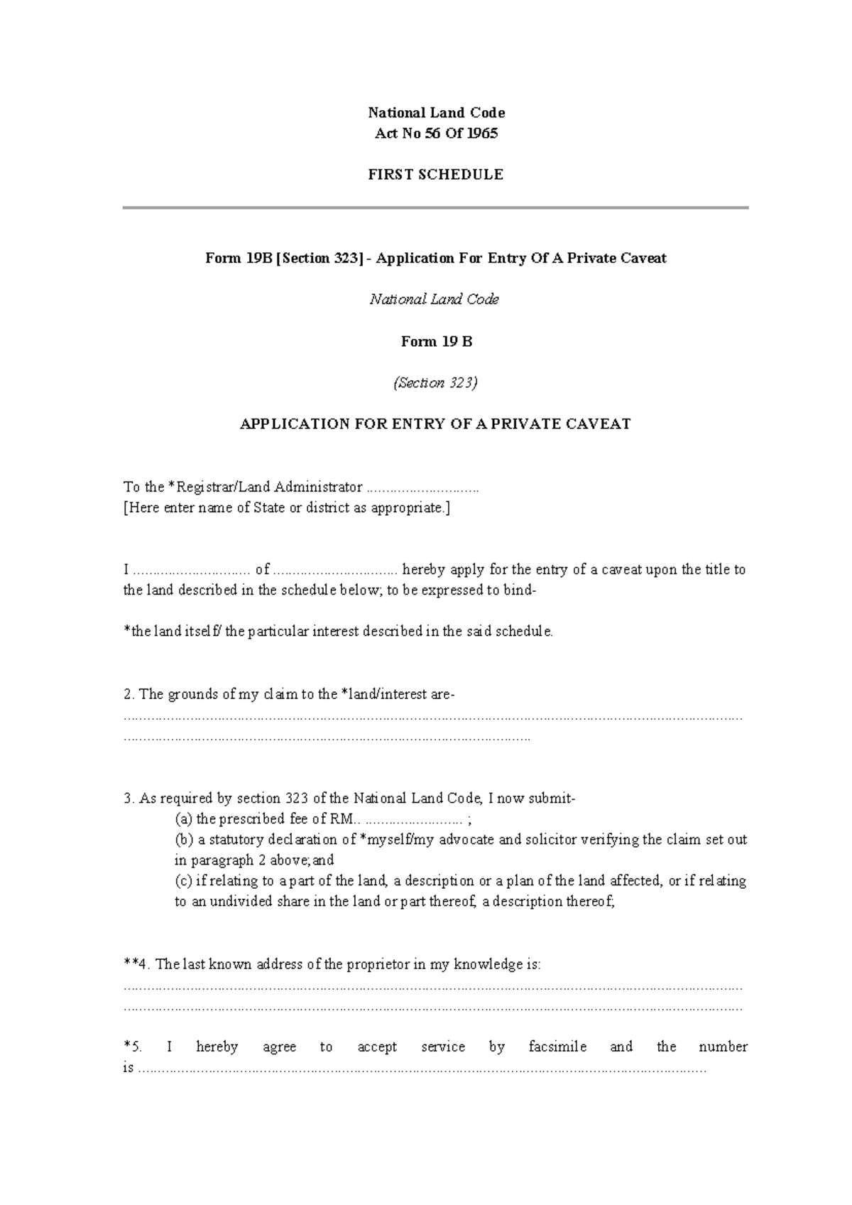 Application for Entry of Private Caveat - Form 19B (National Land Code ...