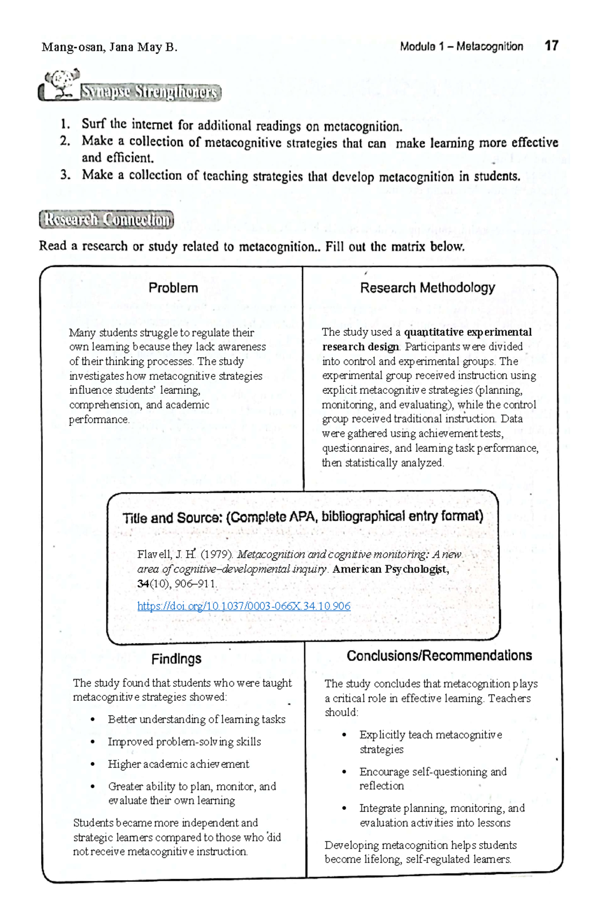 Metacognitive Strategies in Learning: Activity Research Insights - Studocu