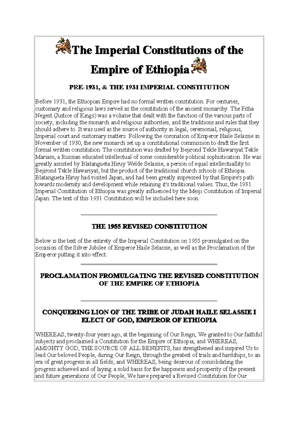 1955 Imperial Constitution of Ethiopia: Key Reference Materials - Studocu