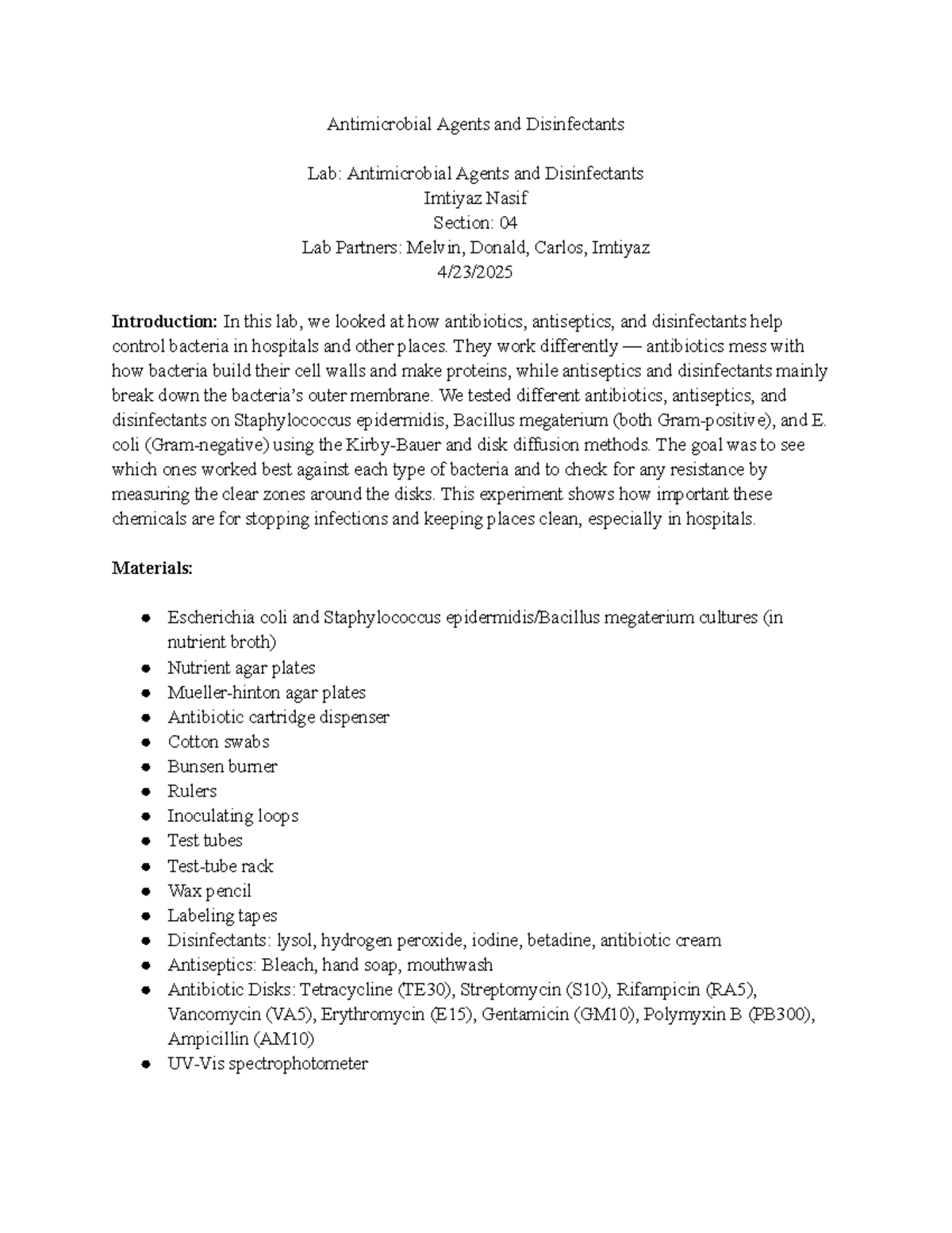 Antimicrobial Agents & Disinfectants Lab Report - Section 04 - Studocu