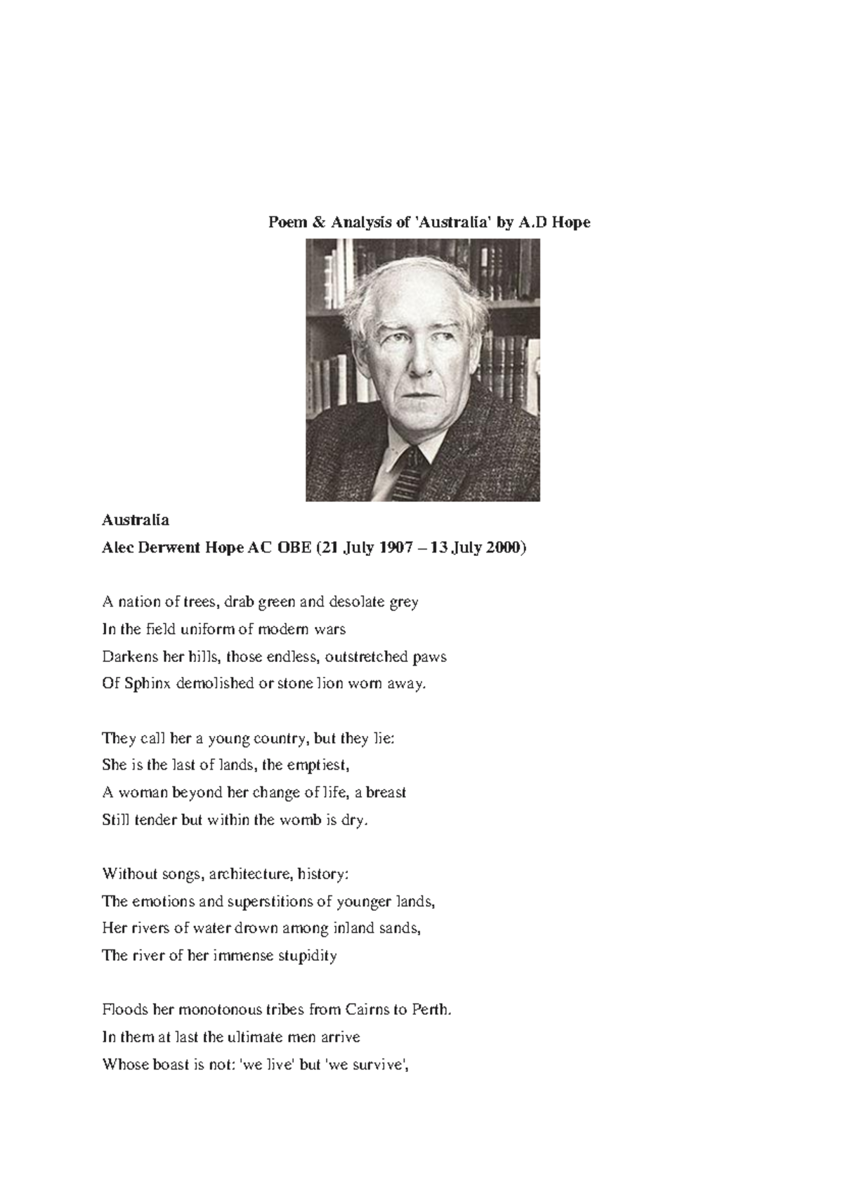 Study Guide: Poem Analysis of A.D. Hope's "Australia" - Studocu