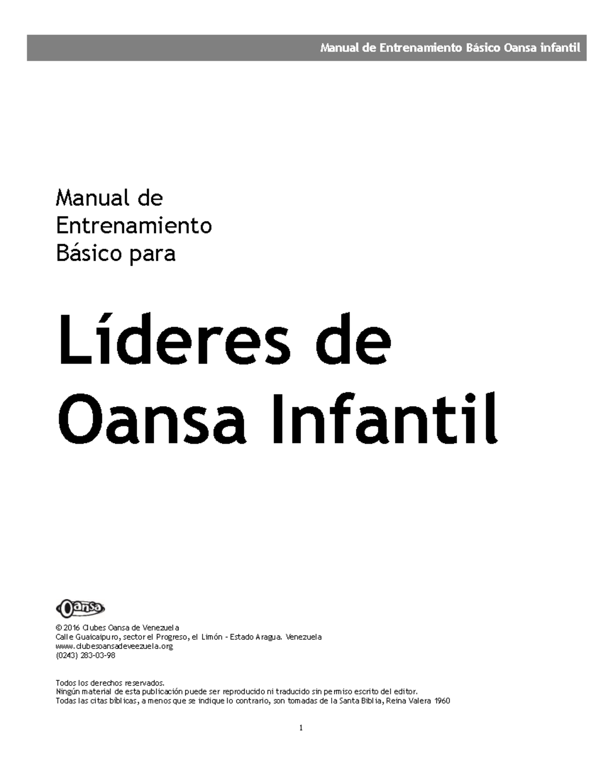 Manual de Entrenamiento Básico para Líderes de Oansa Infantil - Studocu
