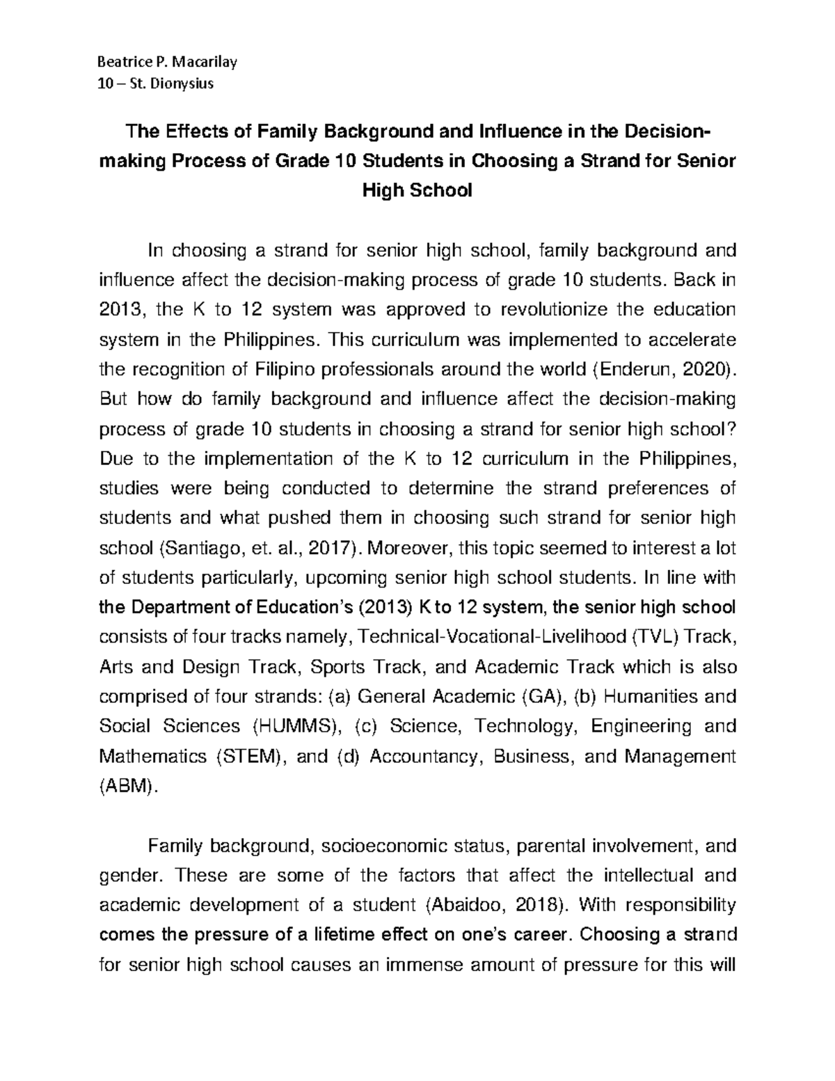 The Impact of Family Background on Grade 10 Strand Choices for SHS ...