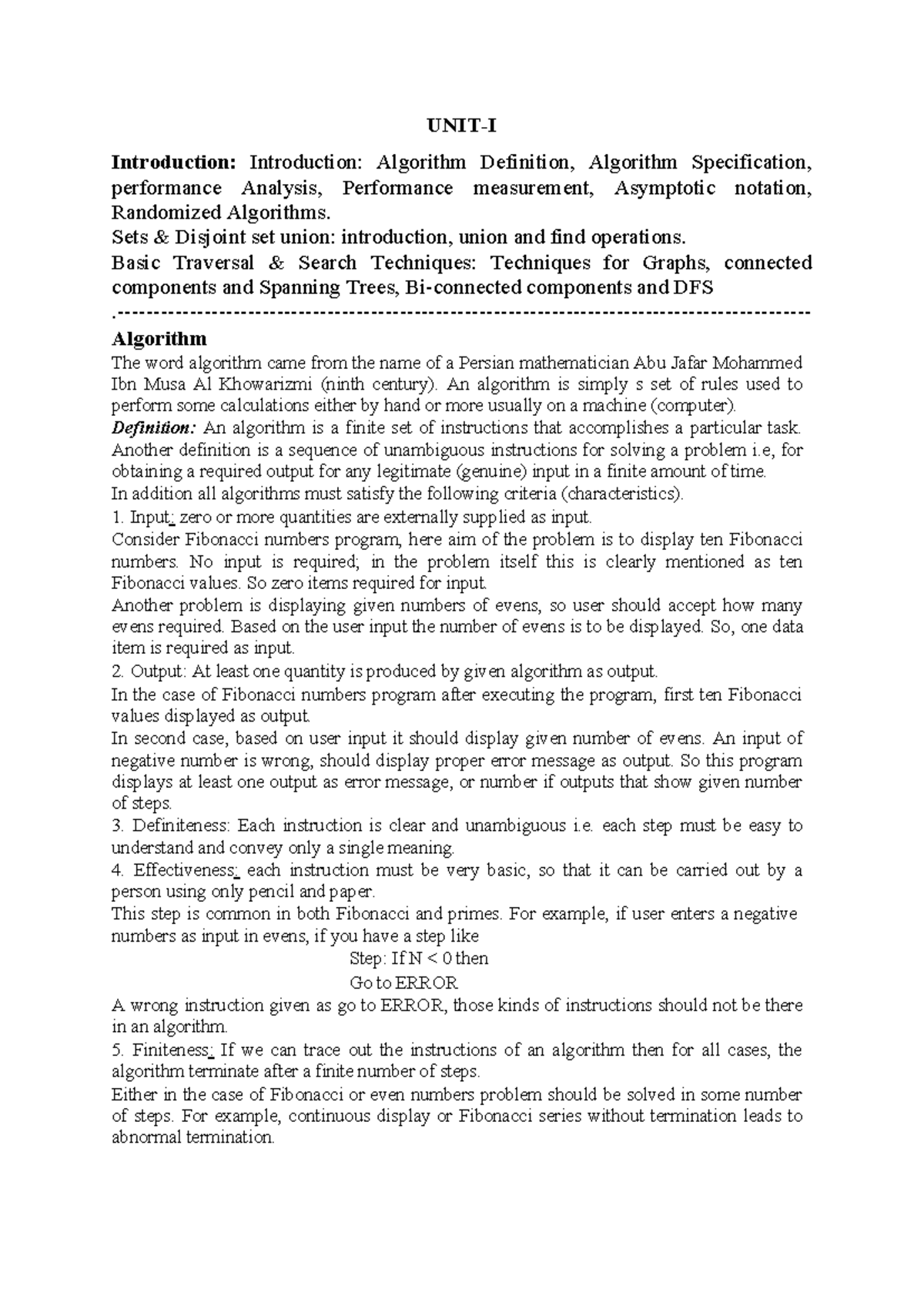 DAA - Unit I: Introduction to Algorithms and Performance Analysis - Studocu