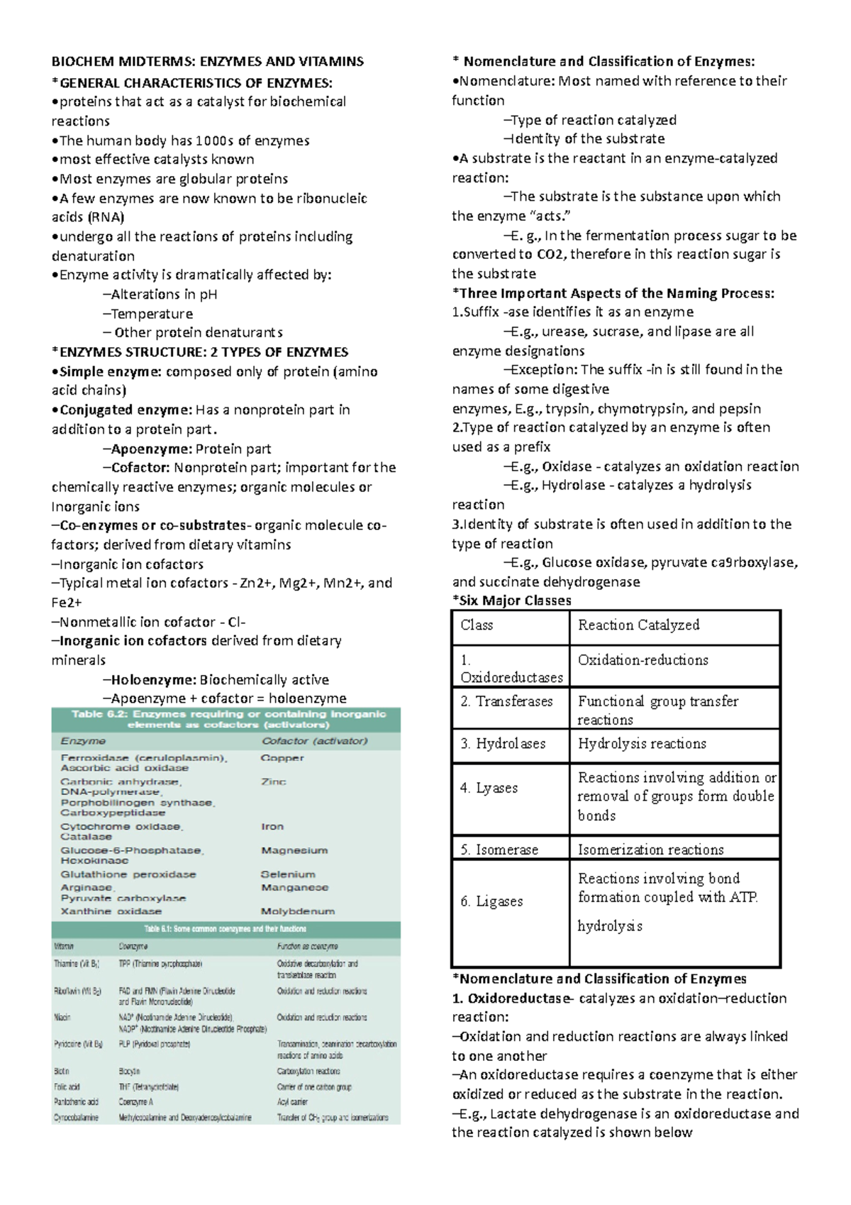 Biochem 202: Midterm Review on Enzymes and Vitamins - Studocu