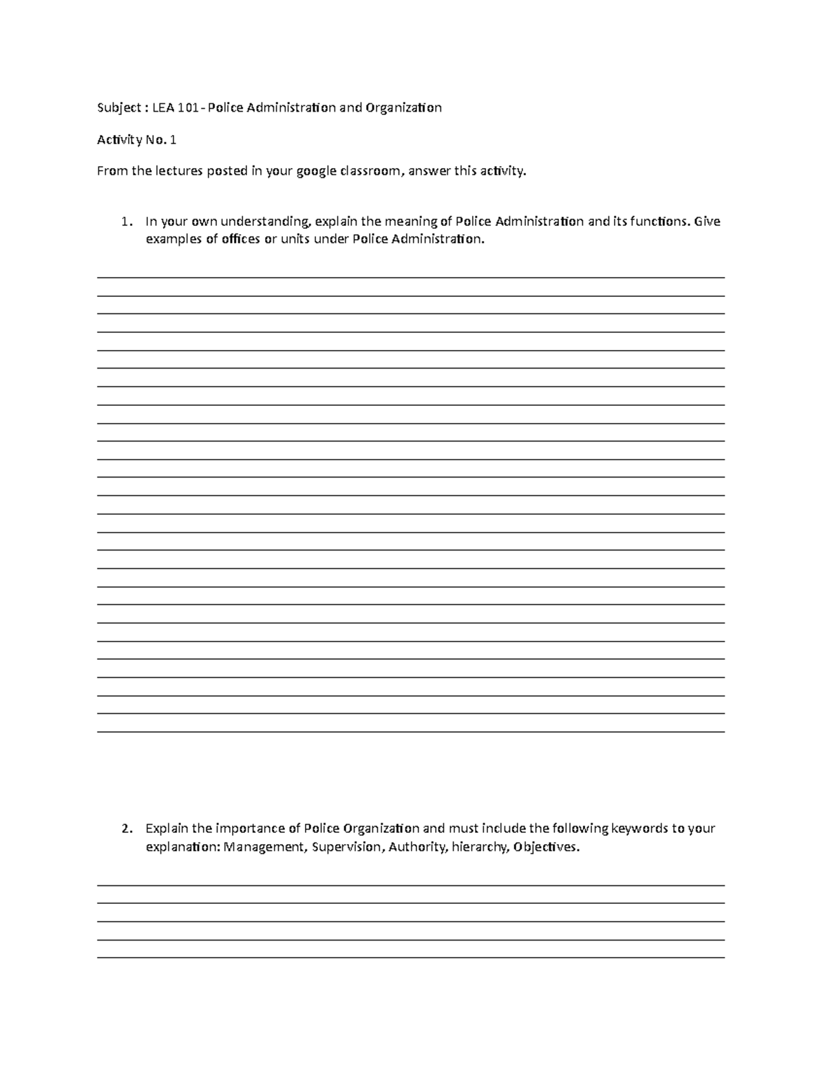 LEA 101 Activity no. 1 - act - Subject : LEA 101- Police Administration ...