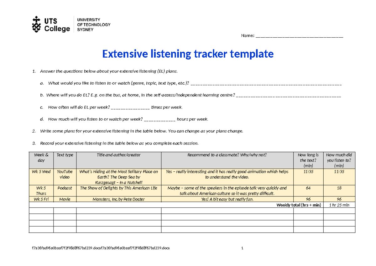 Extensive Listening Tracker Template 2: EL Plans & Recordings - Studocu