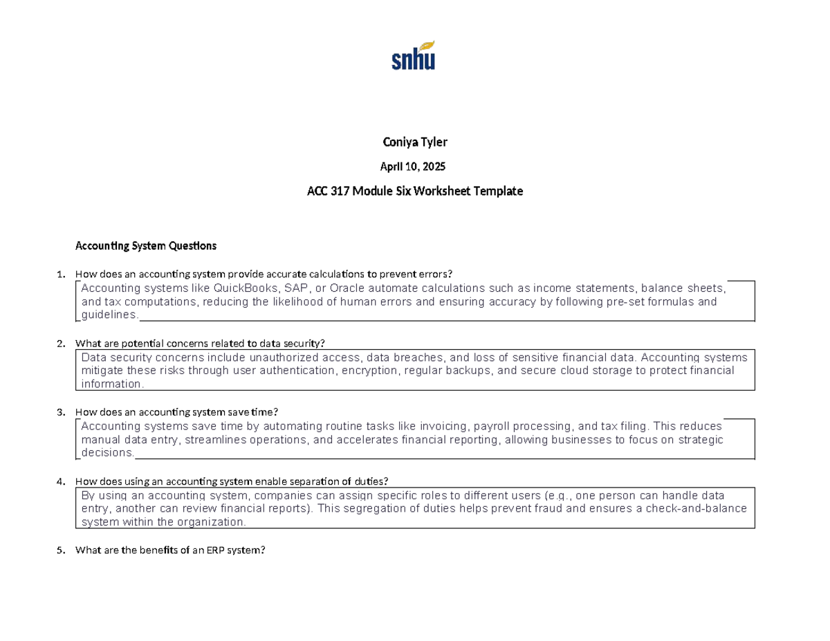 ACC 317 Module 6 Worksheet: Accounting System Insights - Studocu