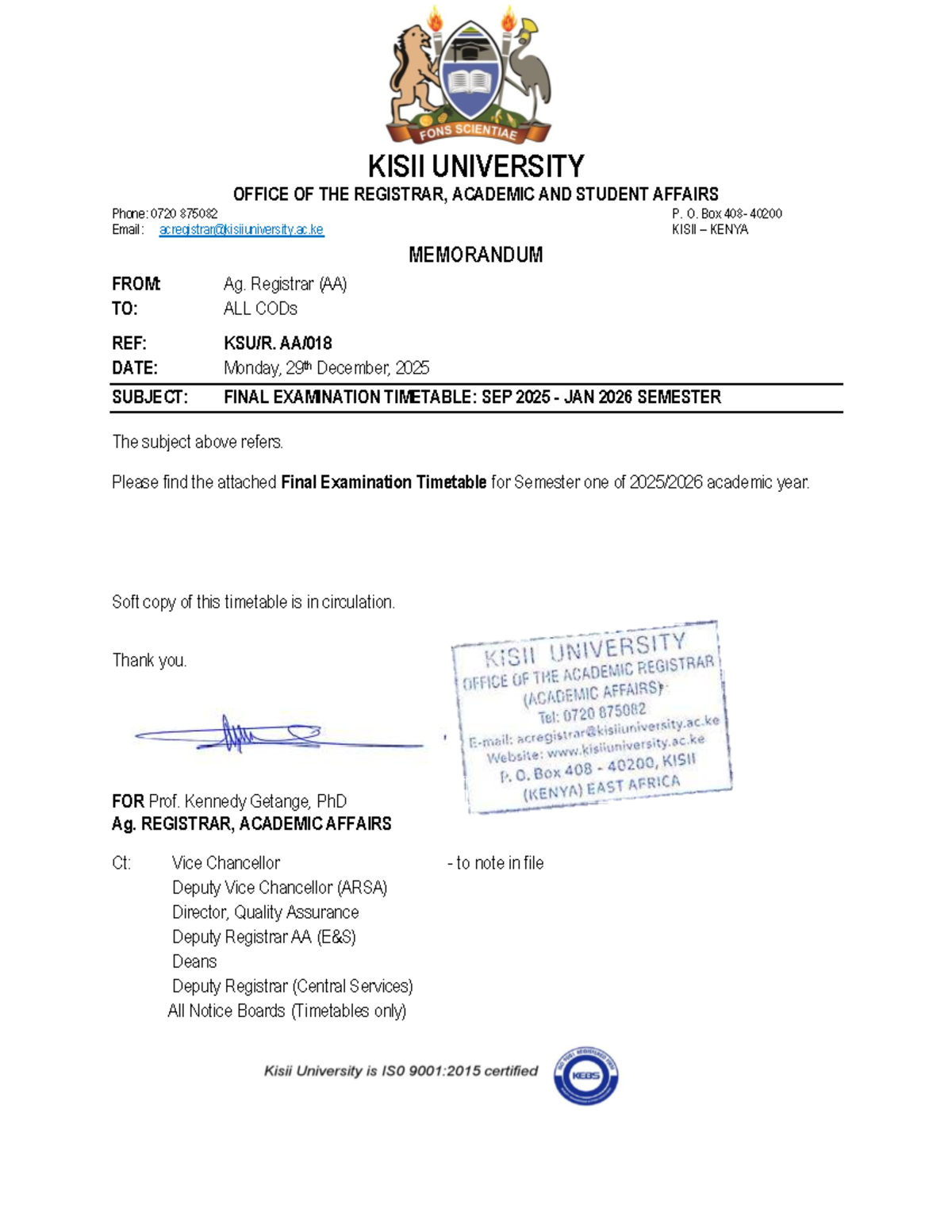 KISII UNIVERSITY FINAL EXAM TIMETABLE: SEP 2025 - JAN 2026 - Studocu