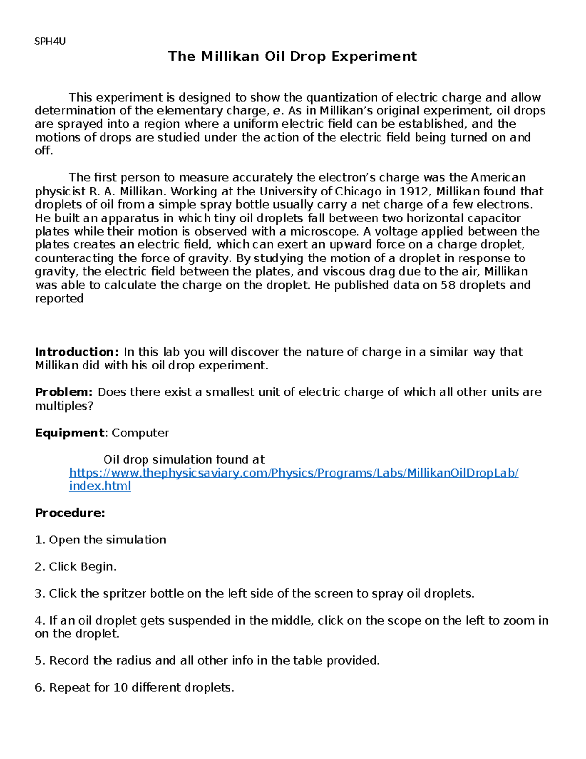 SPH4U Lab: Exploring the Millikan Oil Drop Experiment - Studocu