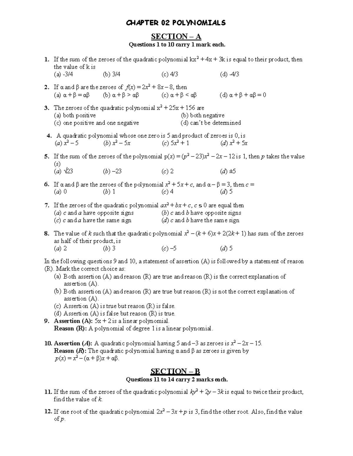CHAPTER 02 POLYNOMIALS WORKSHEET - 2 WITH QUESTIONS AND SOLUTIONS - Studocu