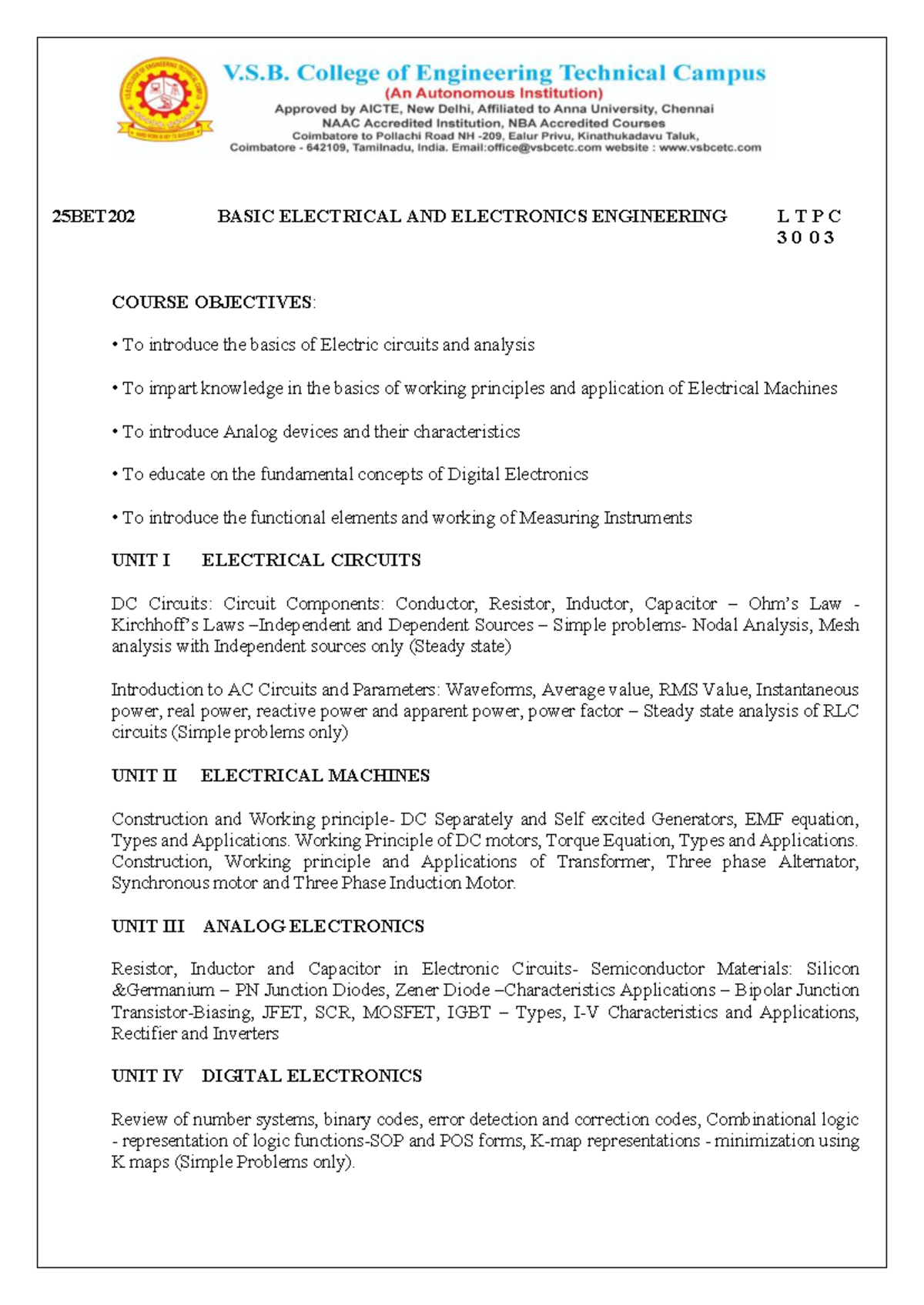 25BET202 Basic Electrical & Electronics Engineering Syllabus - Studocu